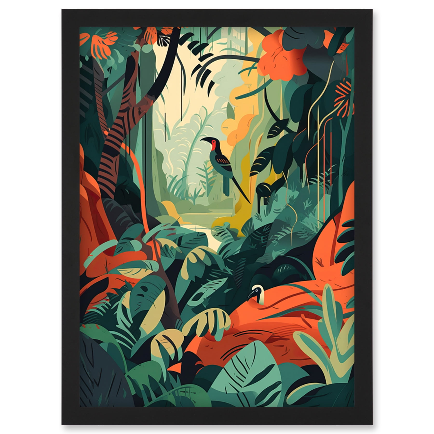 Amazon Rainforest Diverse Flora and Tropical Birds Artwork Framed Wall ...