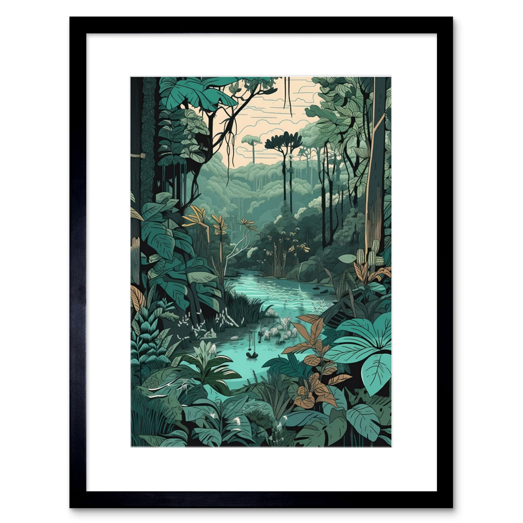 Amazon Rainforest Flora Landscape Illustration Artwork Framed Wall Art ...