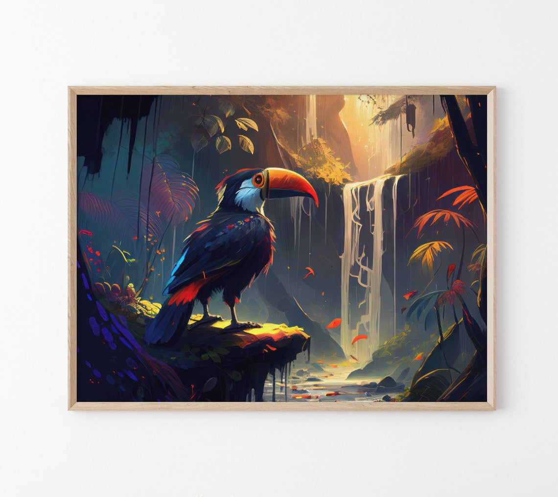 Amazon Rainforest Waterfall Toucan Painting, Gift For Nature Lovers ...