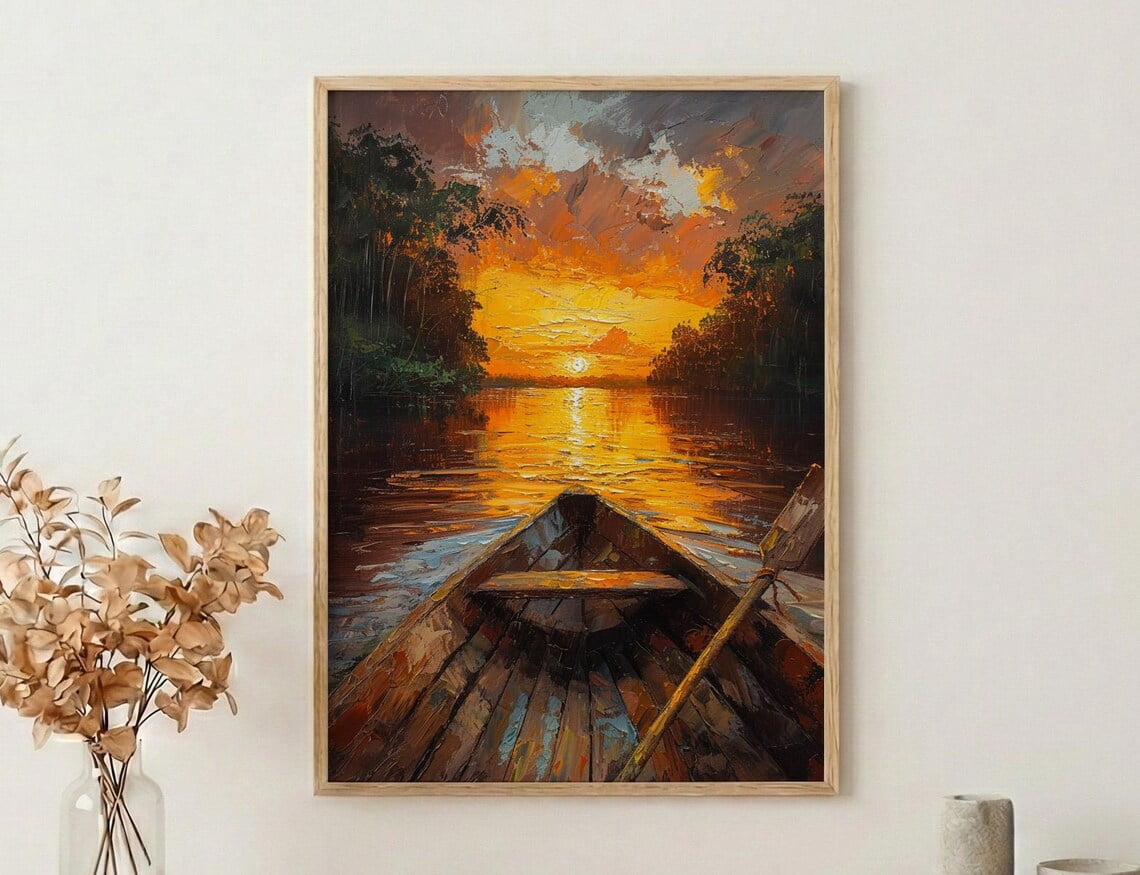 Amazon River Sunset Tropical Jungle Travel Decor Glowing Orange Summer ...