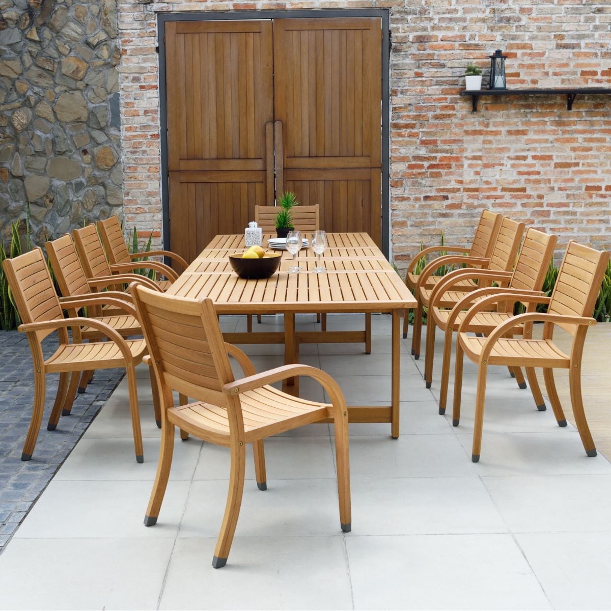 Amazonia 11-Piece Outdoor Expandable Wood Dining Furniture, Eucalyptus ...