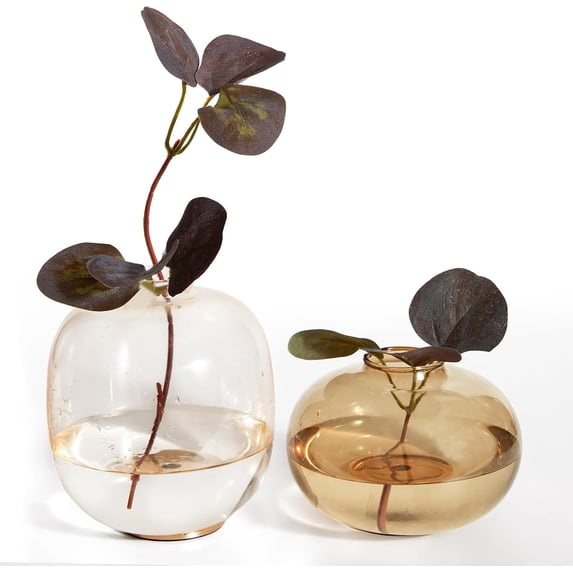 Amber Bud Vases Set of 2, Small Round Brown Glass Flower Vases with ...