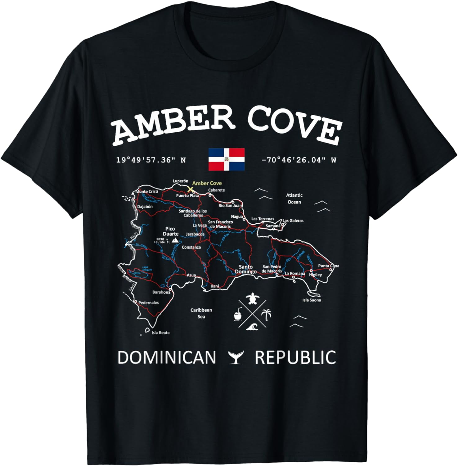Amber Cove Dominican Republic Flag Travel Map Coordinates T-Shirt ...