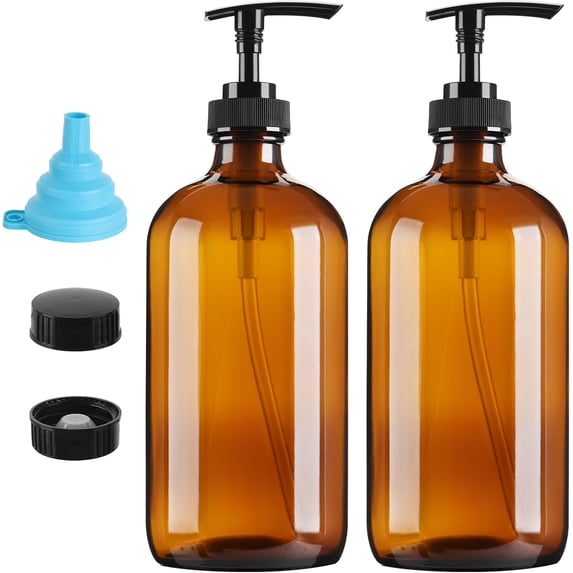 Amber Glass Dispenser Bottles 2-Pack 16oz Refillable Soap Pump ...