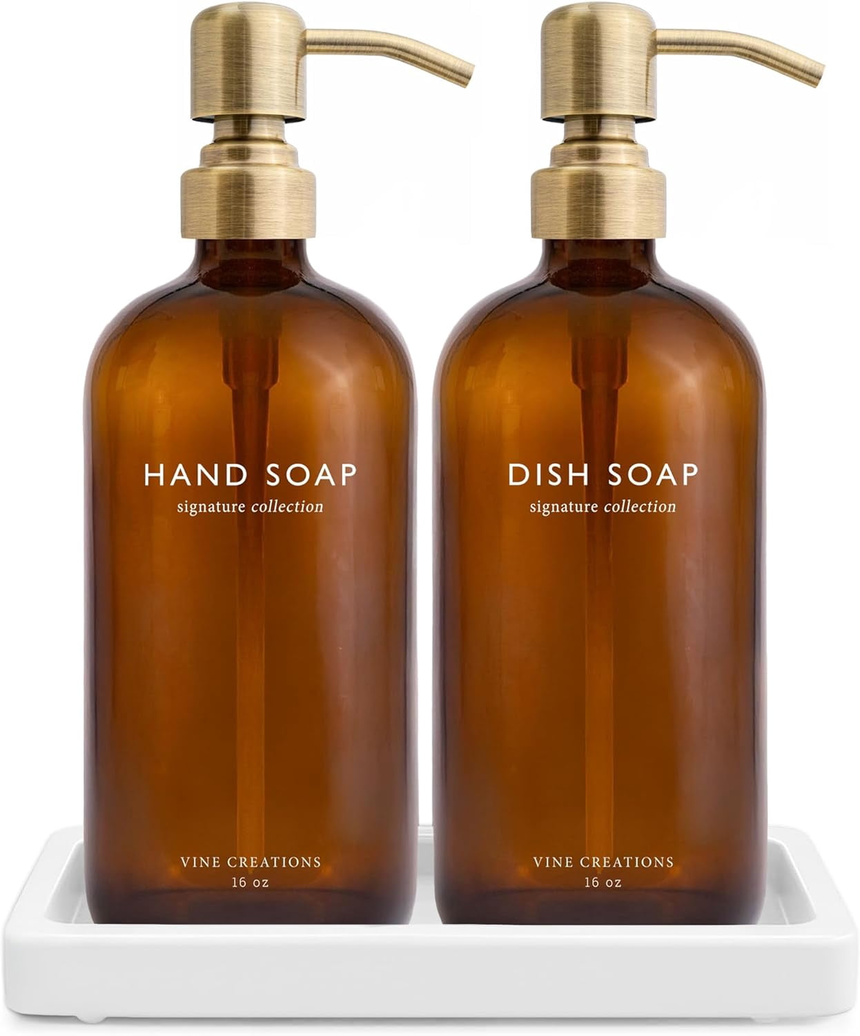 Amber Glass Hand and Dish Soap Dispenser Set with Ceramic Tray and ...