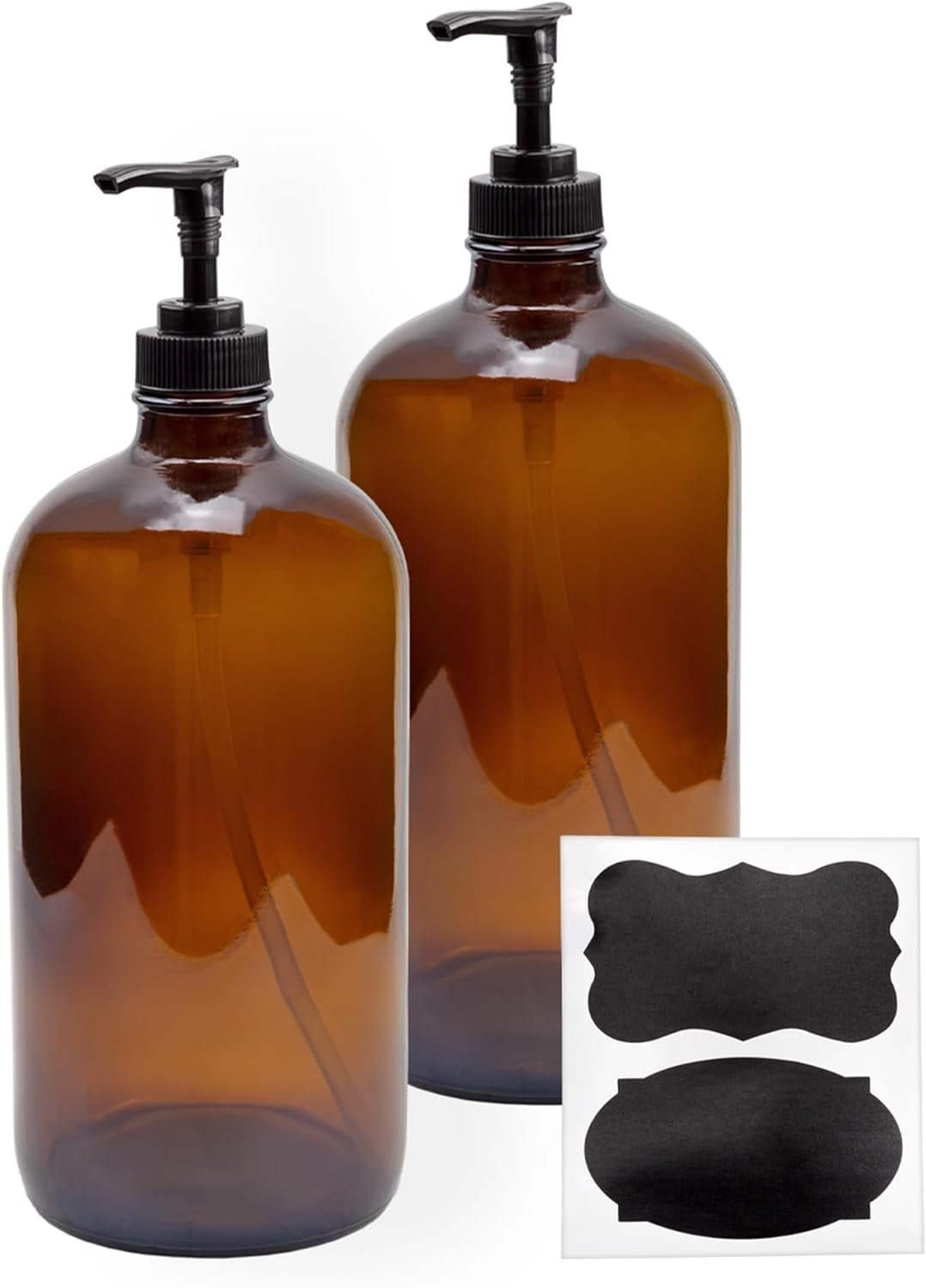 Amber Glass Pump Bottles (2-Pack); Quart Size Brown Bottles w/Black ...