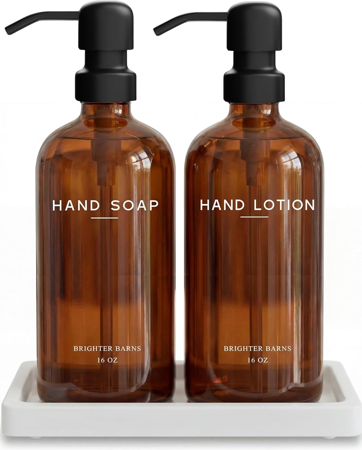 Amber Glass Soap and Lotion Dispenser Set with Ceramic Tray and ...