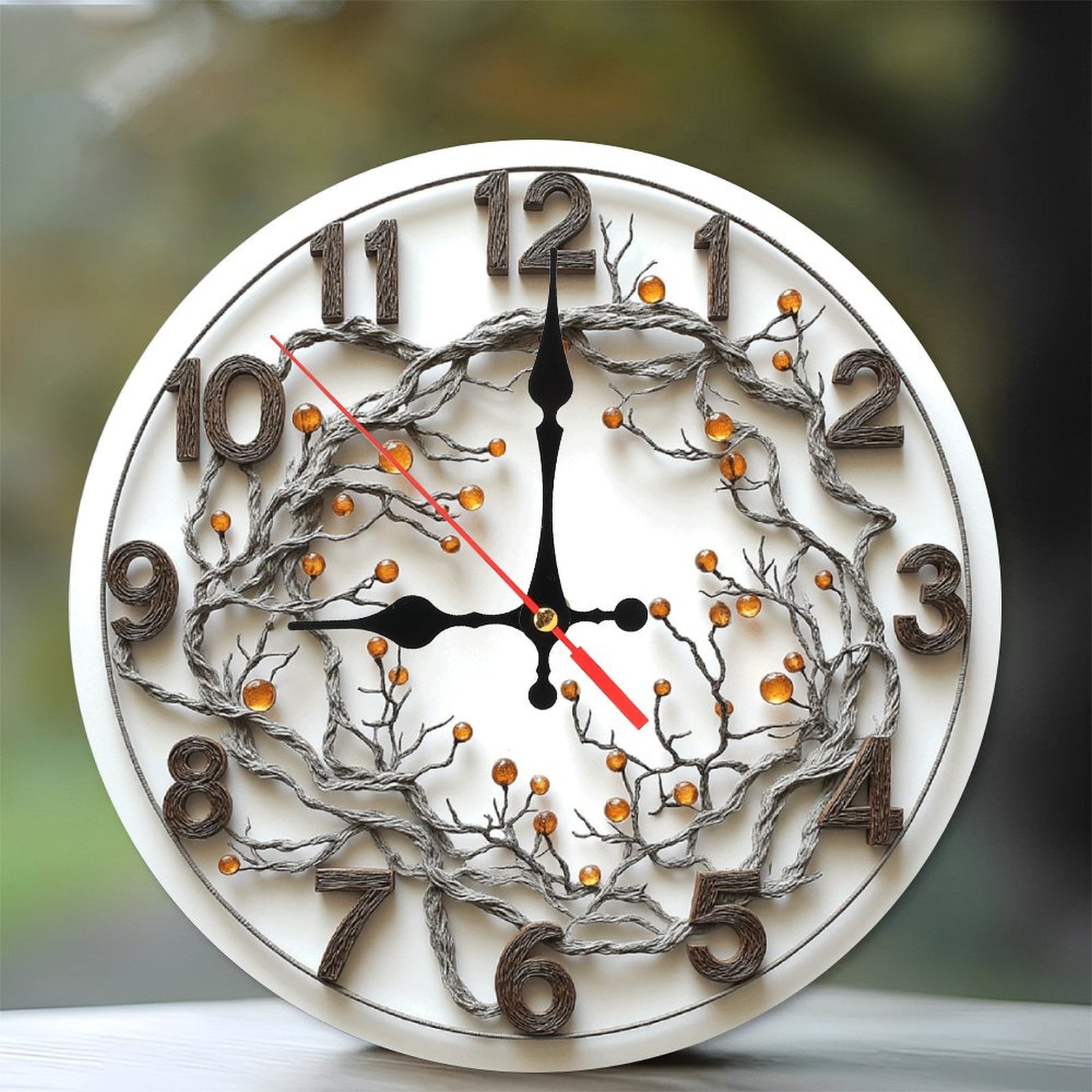 Amber Glass Tree Branch Wall Clock 10-Inch Silent Wooden Wall Clock ...
