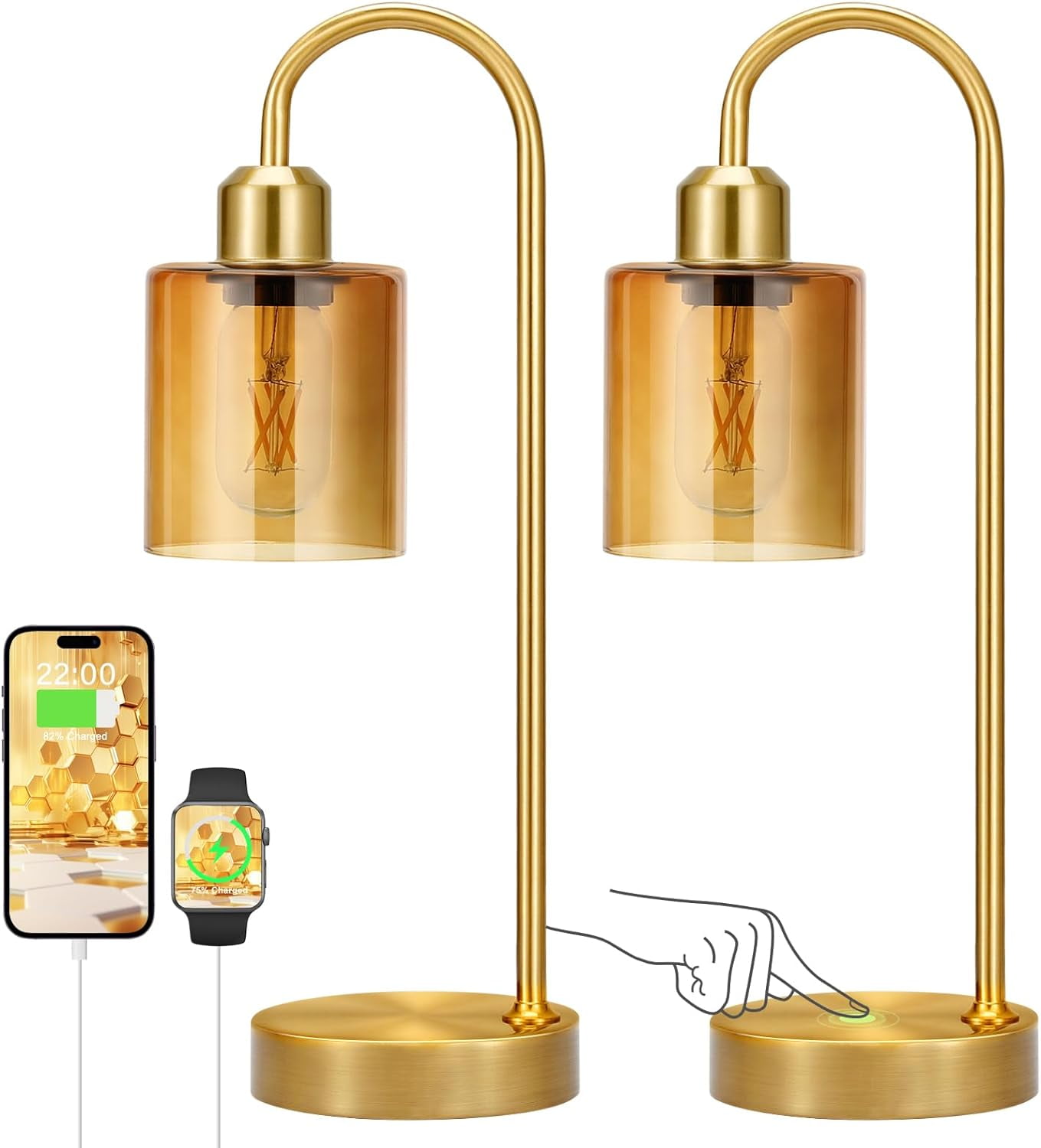 Amber Gold Desk Lamps for Home Office - 3 Way Touch Gold Lamp with USB ...
