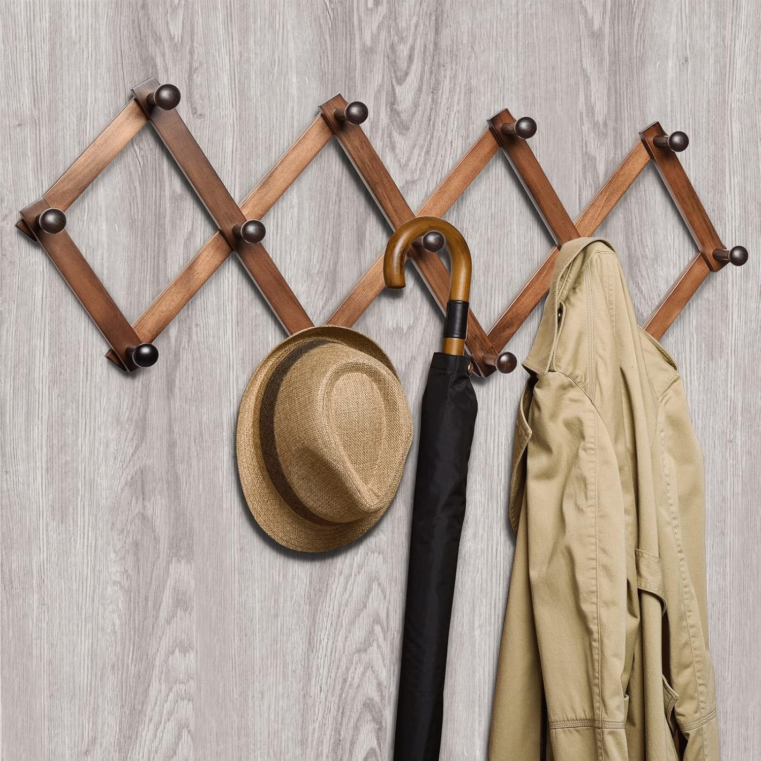 Amber Home Wood Accordion Wall Rack 13 Hooks (Pegs), Expandable Wall Mounted Hanger for Coat ...