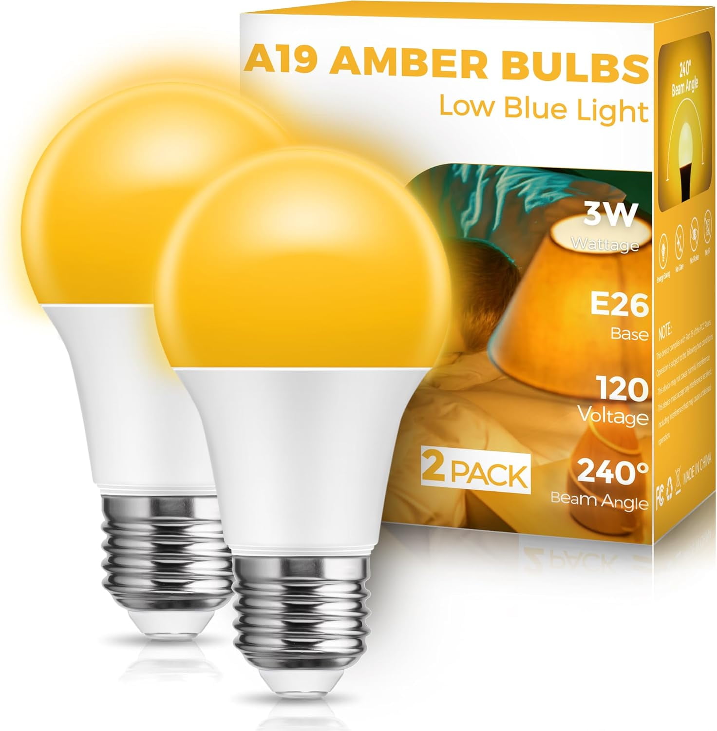Amber Light Bulbs for Healthy Sleep, 3W Warm Light Bulbs Blue Light ...