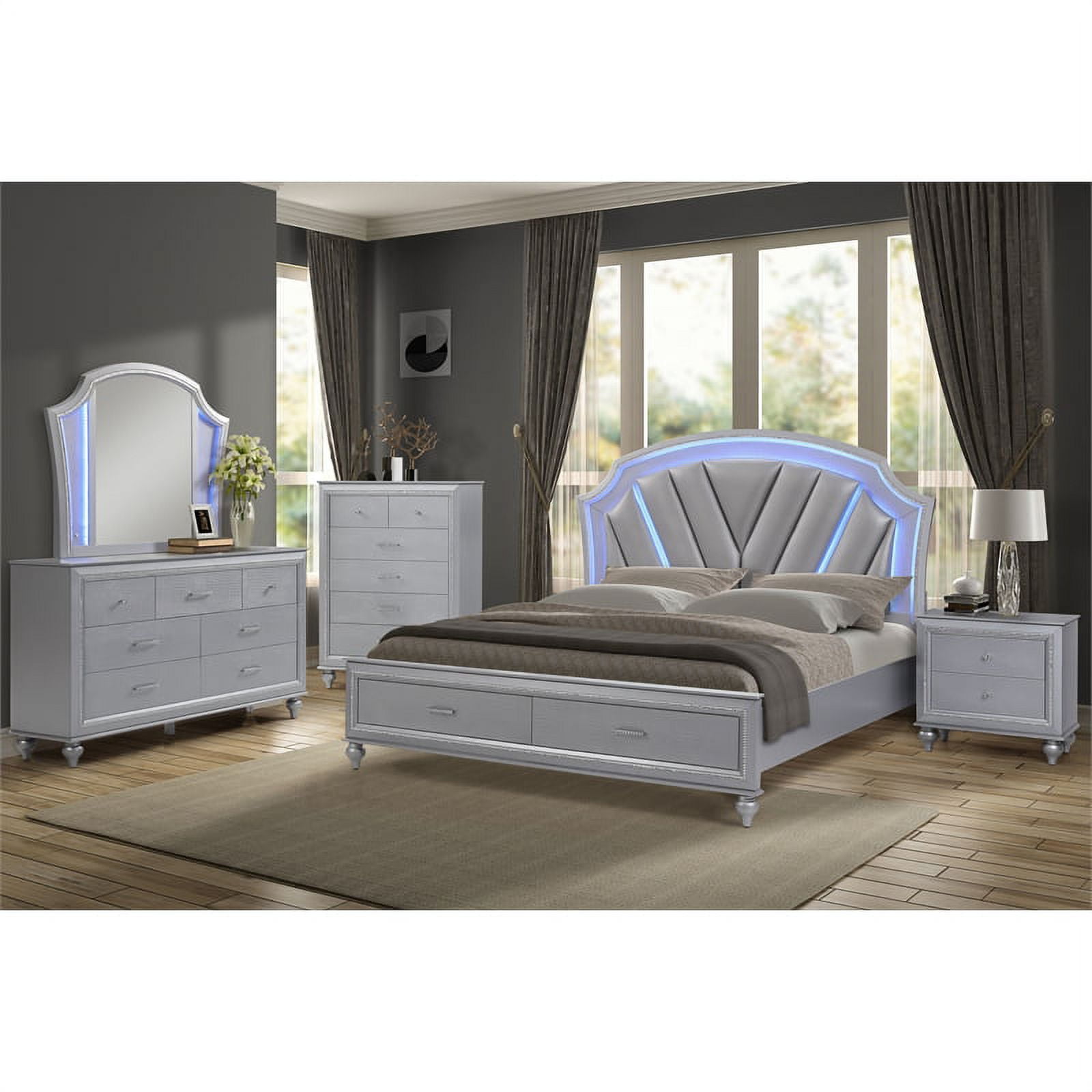 Amber Queen 5 Piece LED Bedroom Set in Silver finished with Wood ...