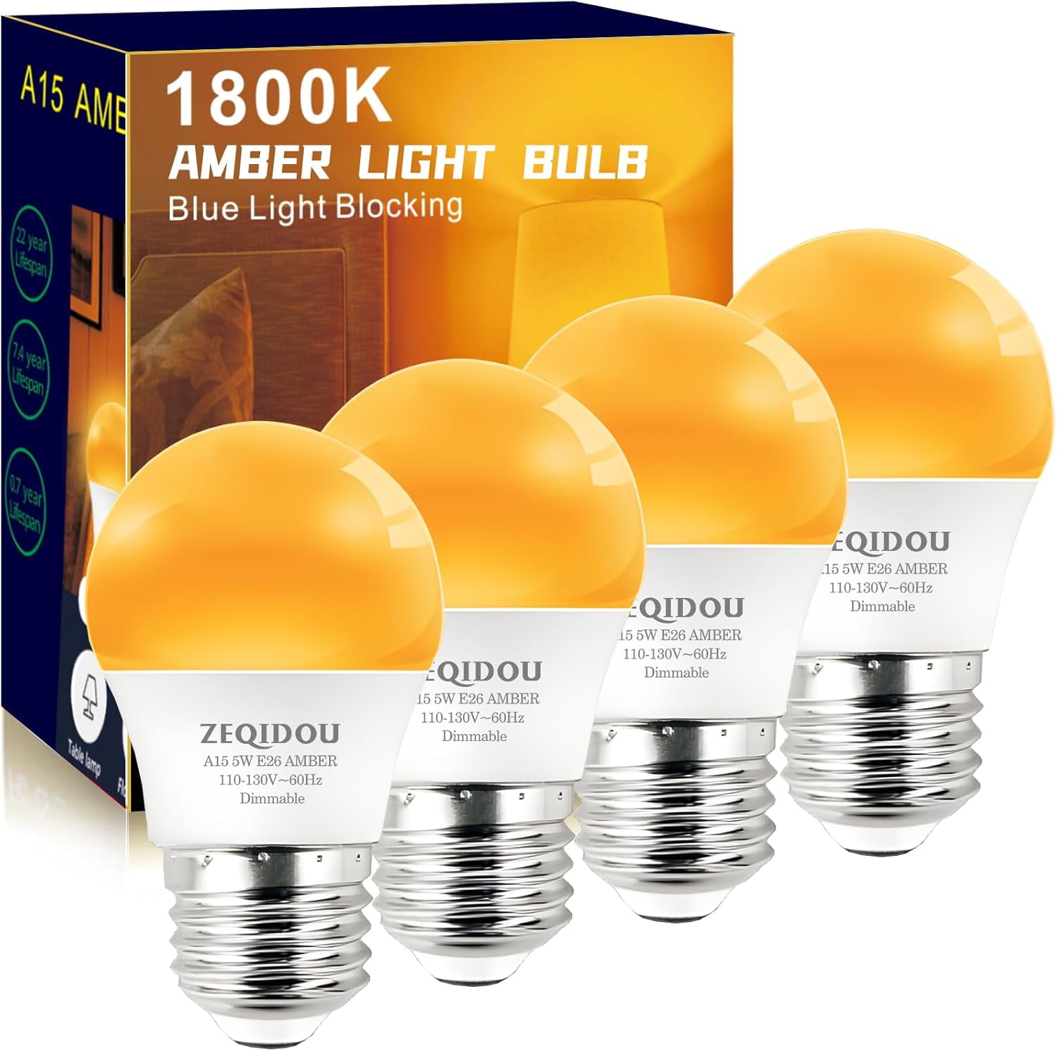 Amber Sleep Light Bulbs Dimmable, Blue Light Blocking, A15 E26 5W(40 ...
