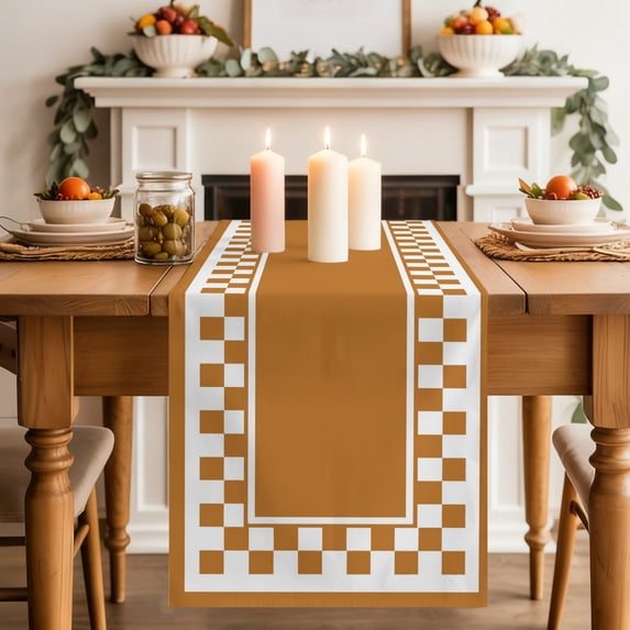 Amber Square Table Runner, Graphic Retro Orange White Checkered Border ...