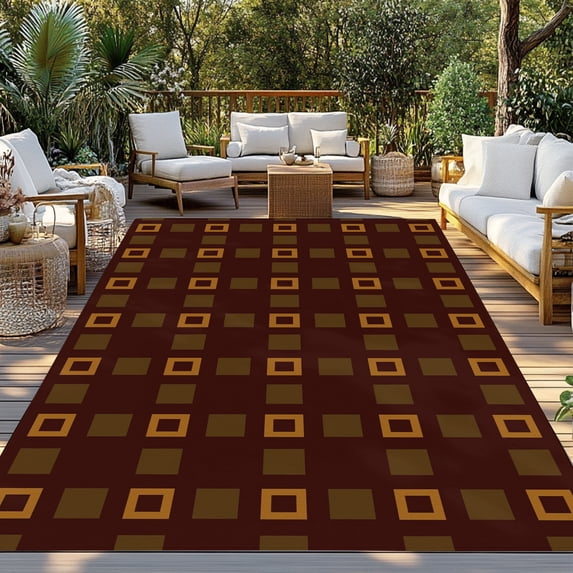 Amber Squares Indoor Outdoor Rugs 4x6 Ft, Minimalist Grid Brown Outdoor ...