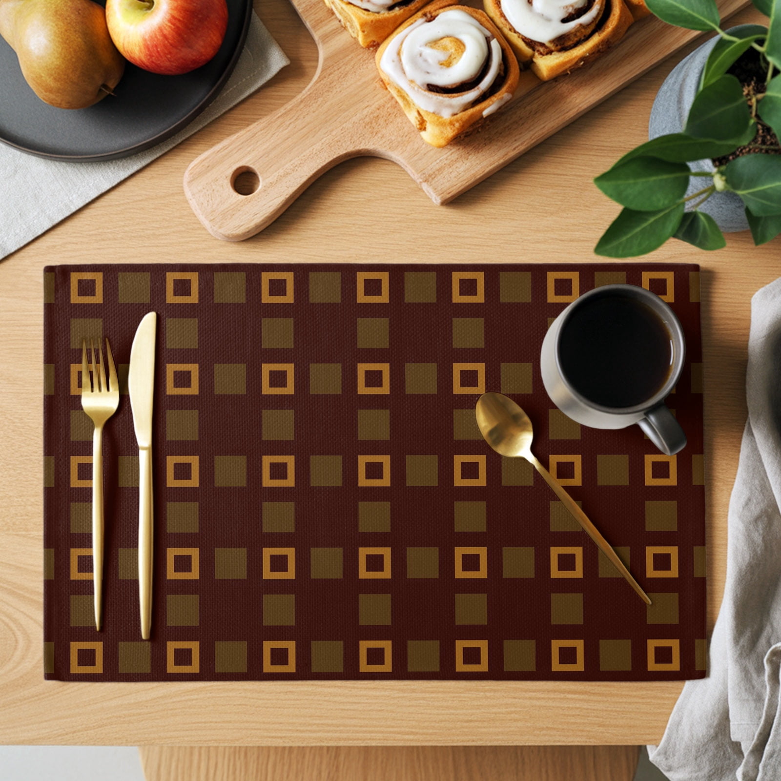 Amber Squares Placemats Set of 4, Minimalist Grid Brown Heat Insulated ...