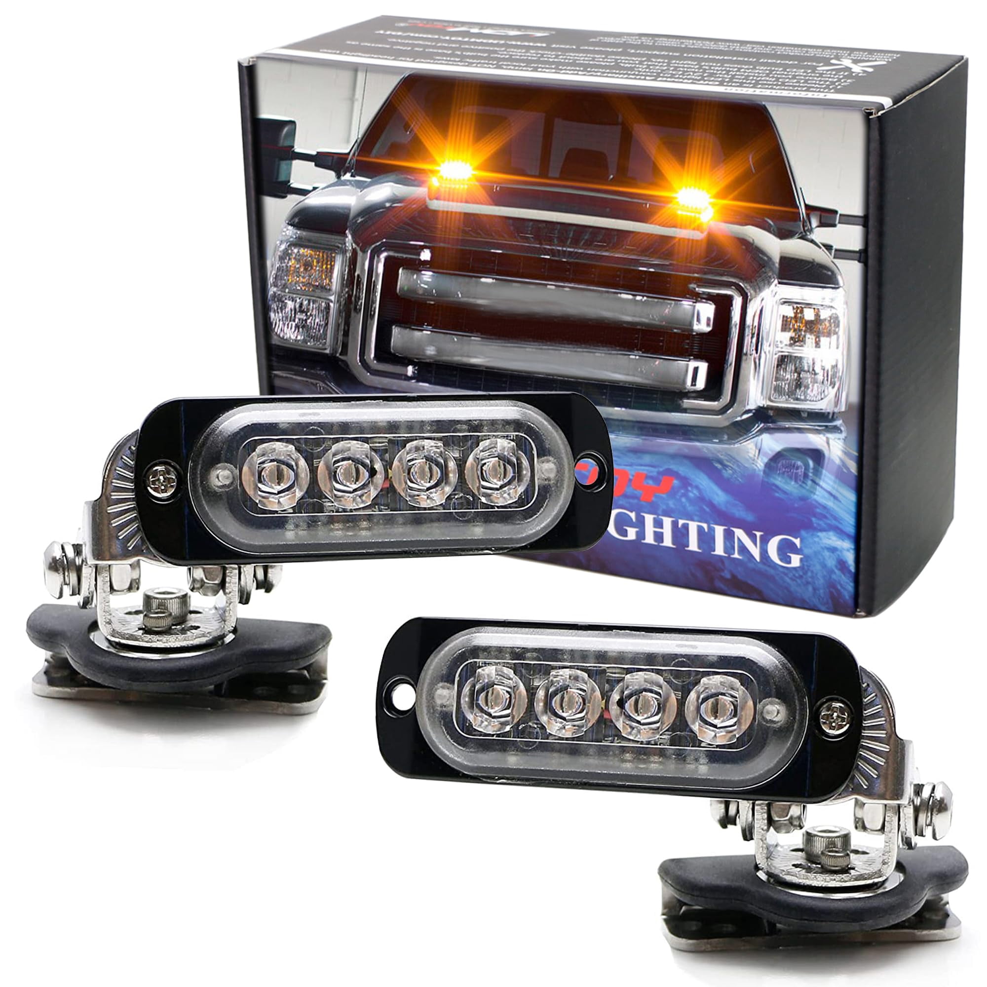 Amber/White 4-LED Hook Two Corner Mount Strobe Warning Light Kit For ...
