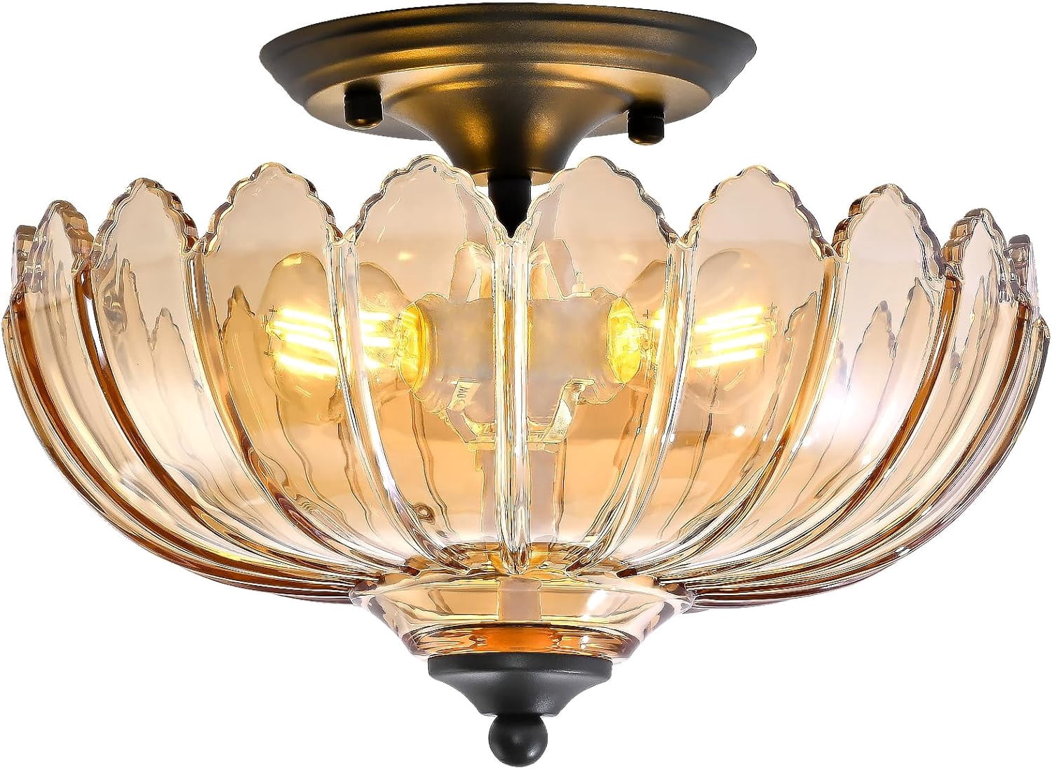 Amber glass ceiling light fixture - handmade art glass semi-recessed ...