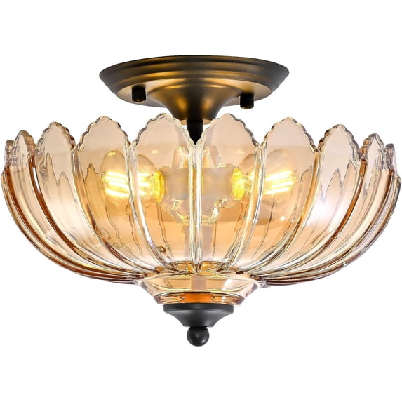 Amber glass ceiling light fixture - handmade art glass semi-recessed ...