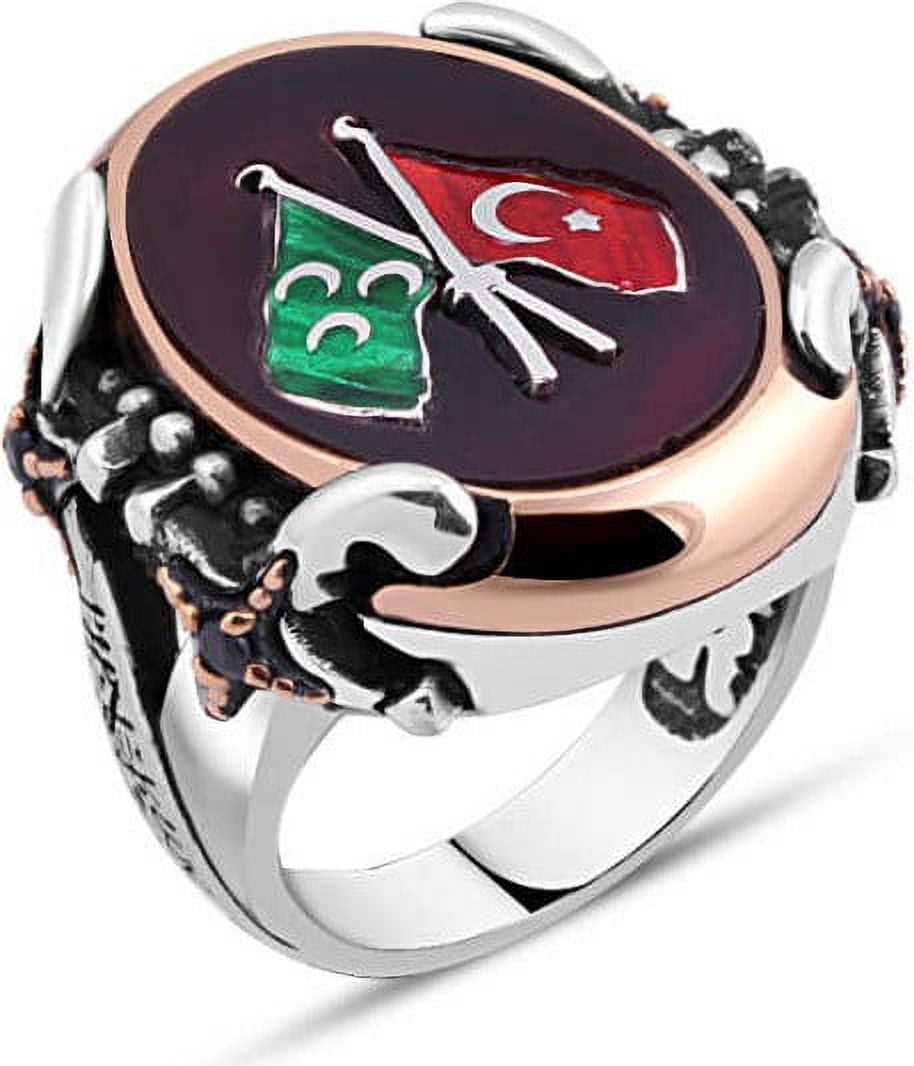 Amberkan Agate Men's Ring with Ottoman and Turkish Flags on the Top and ...