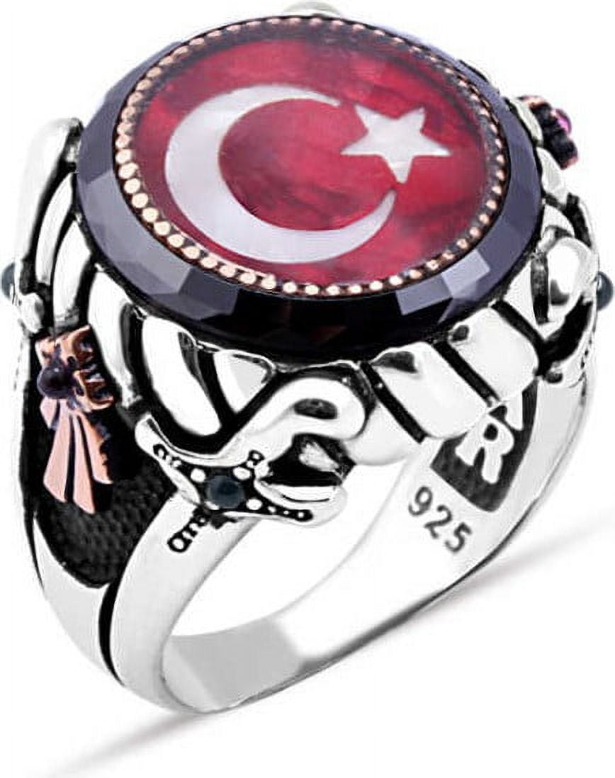 Amberkan Middle Enameled Turkish Flag Edge Circle Stone Men's Ring ...