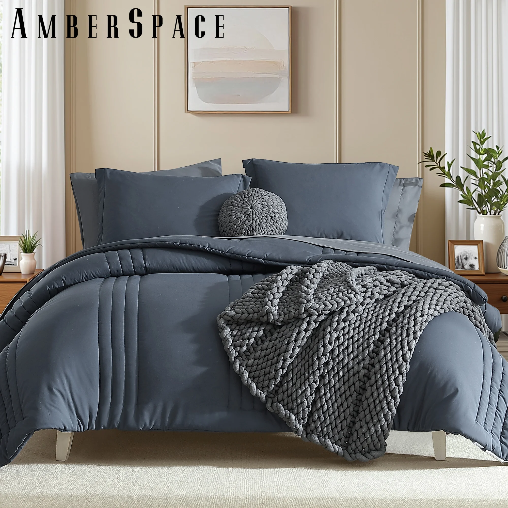 Amberspace 7-piece Bed in a Bag Comforter Set with Sheets,Blue Gray ...