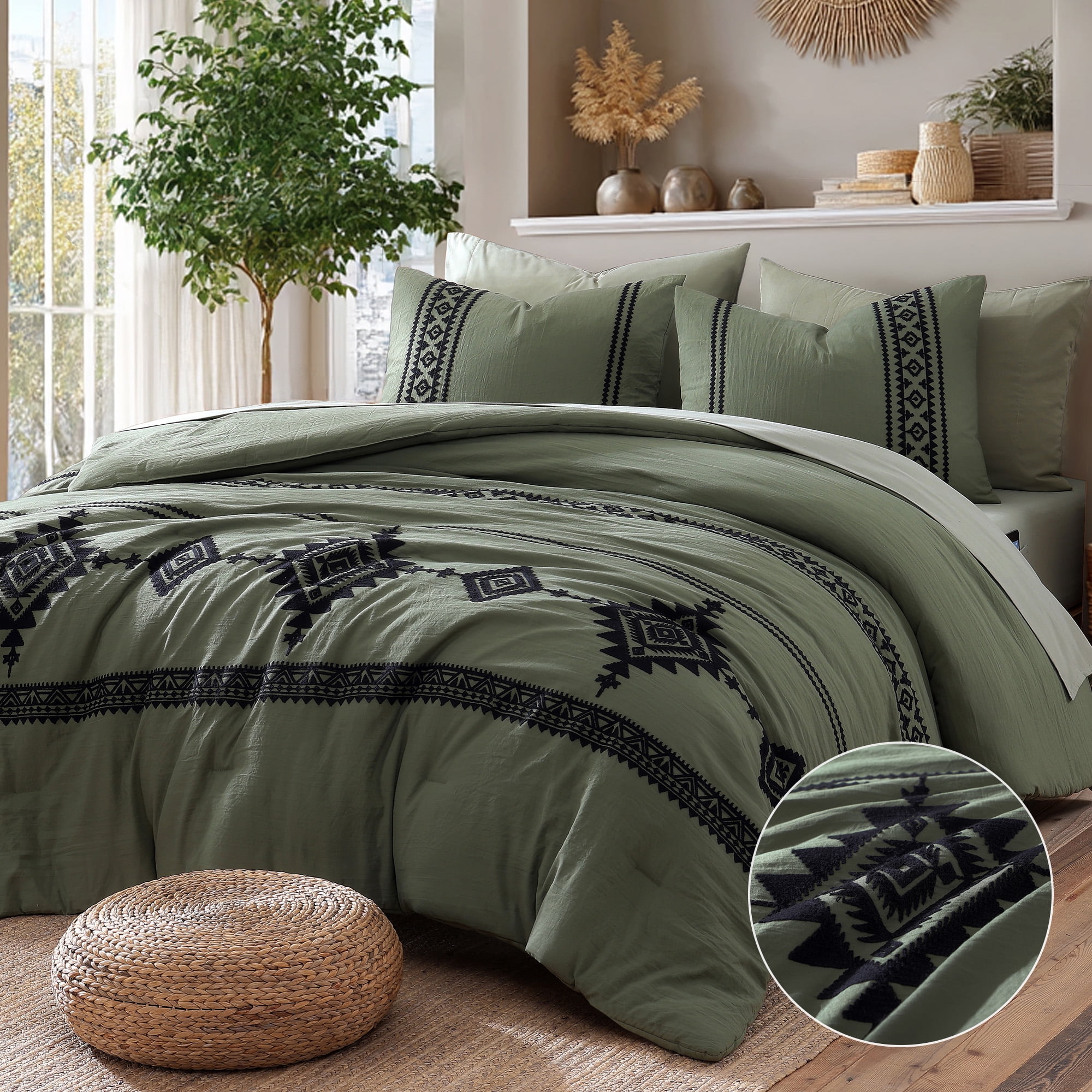 Amberspace Olive Green Embroidery Comforter Sets Full Size - 7 Piece ...