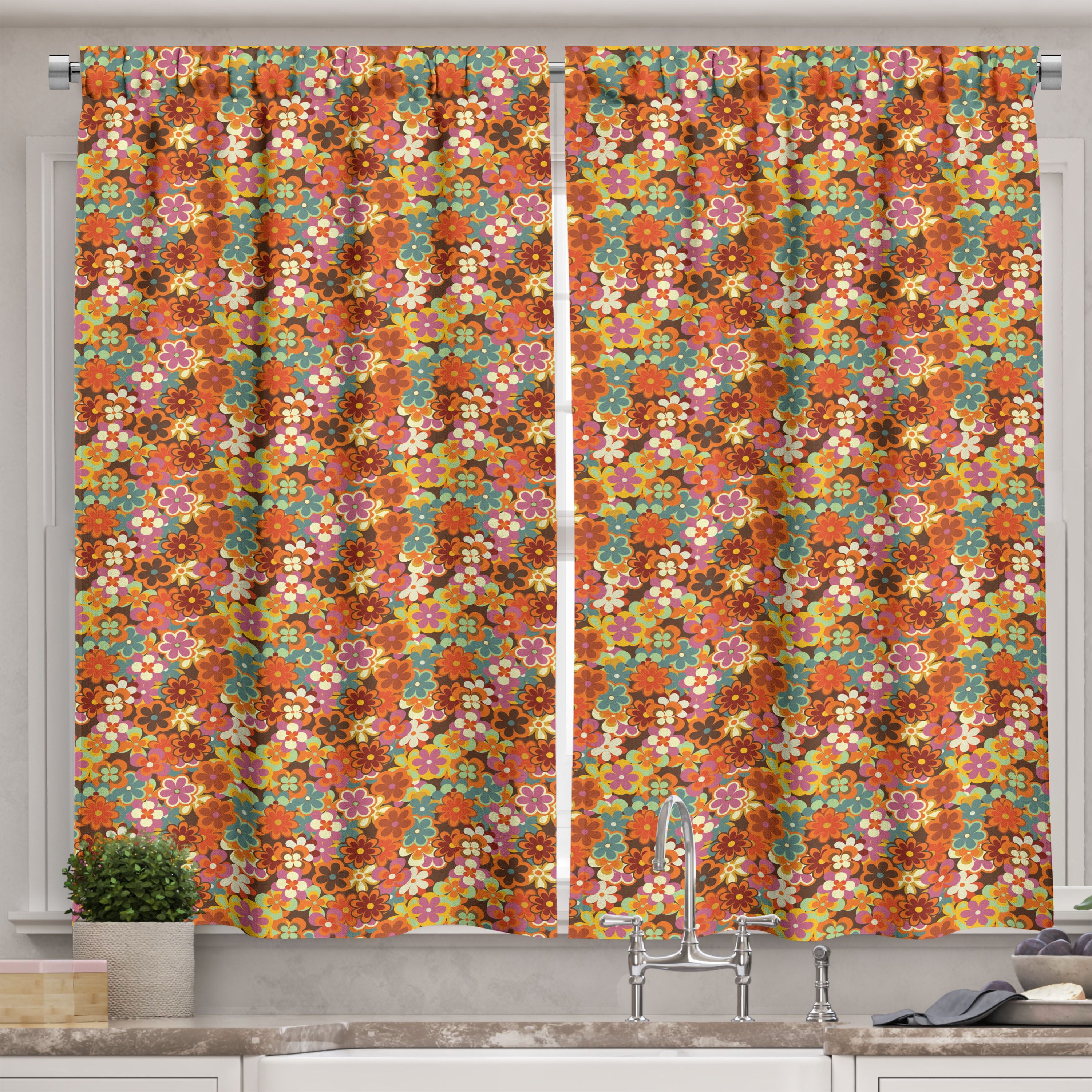 Ambesonne 70's Kitchen Curtains, Overlapping Nostalgic Flowers, 55"x39 ...
