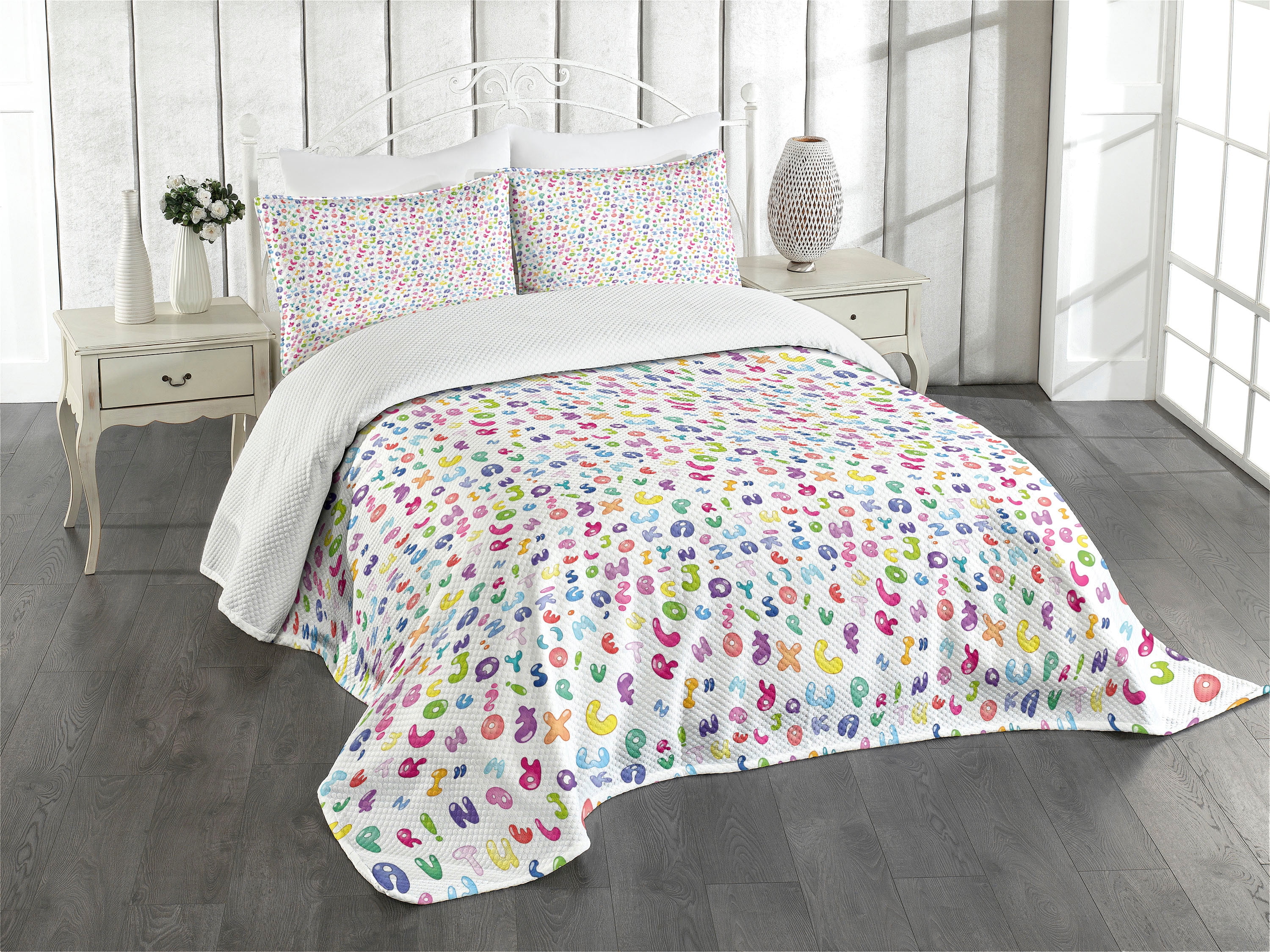 Ambesonne ABC Quilted Bedspread Set 3 Pcs, Bubble Letters Doodle Fun ...