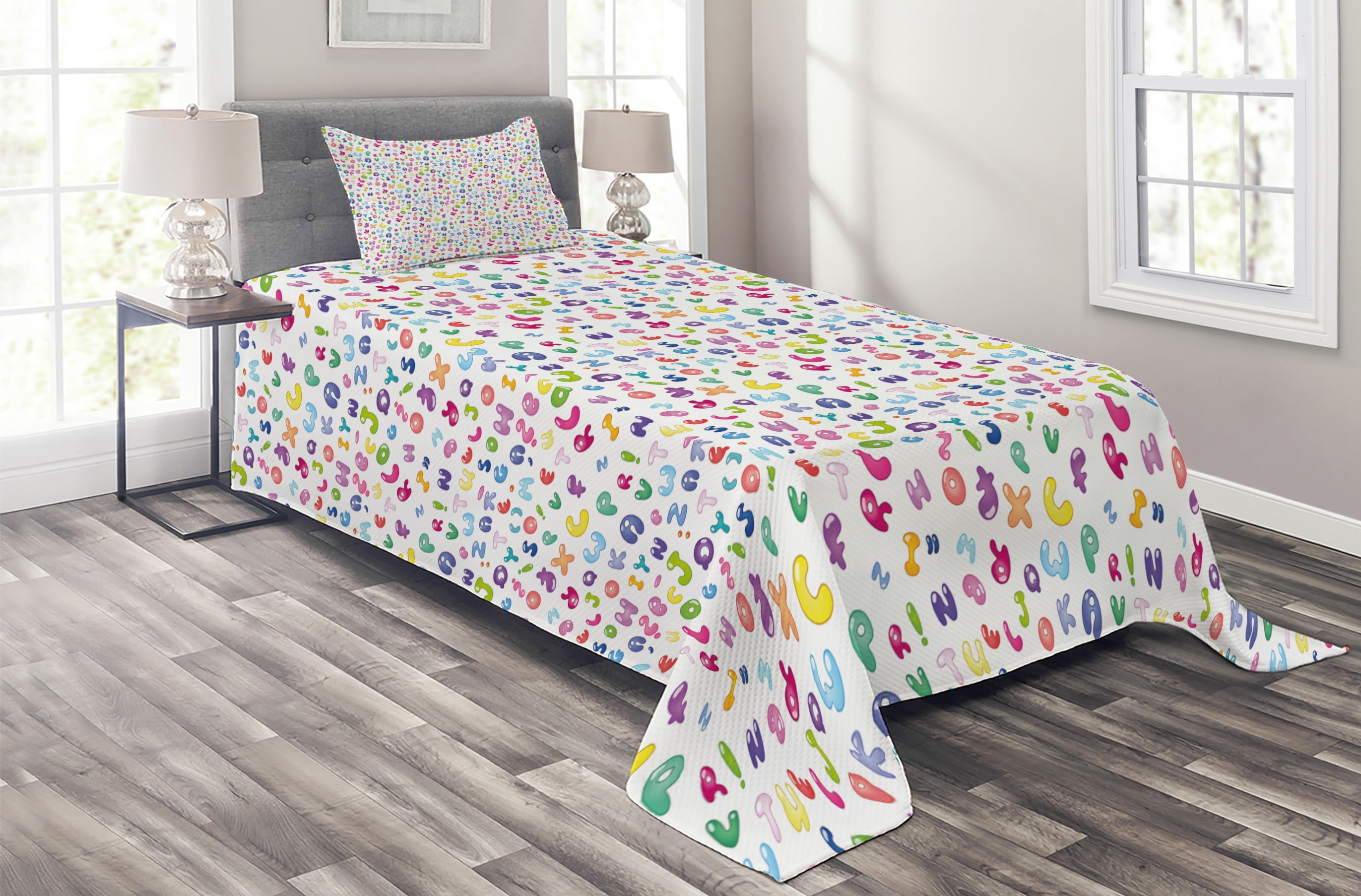 Ambesonne ABC Quilted Coverlet 2 Pcs, Bubble Letters Doodle Fun, Twin ...
