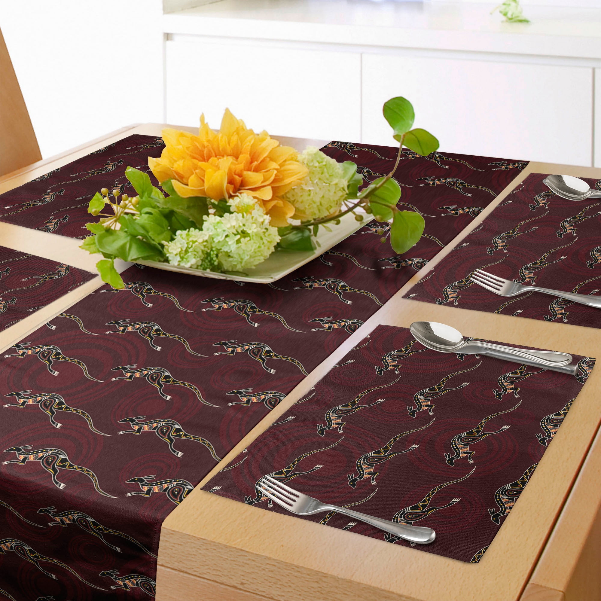 Ambesonne Aboriginal Table Runner & Placemats, Zentangle Kangaroo ...