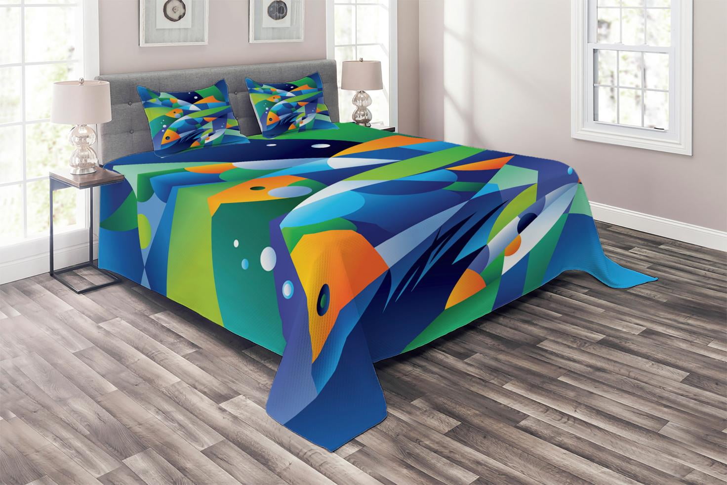 Ambesonne Abstract Art Quilted Coverlet 3 Pcs, Fishes Underwater, King ...