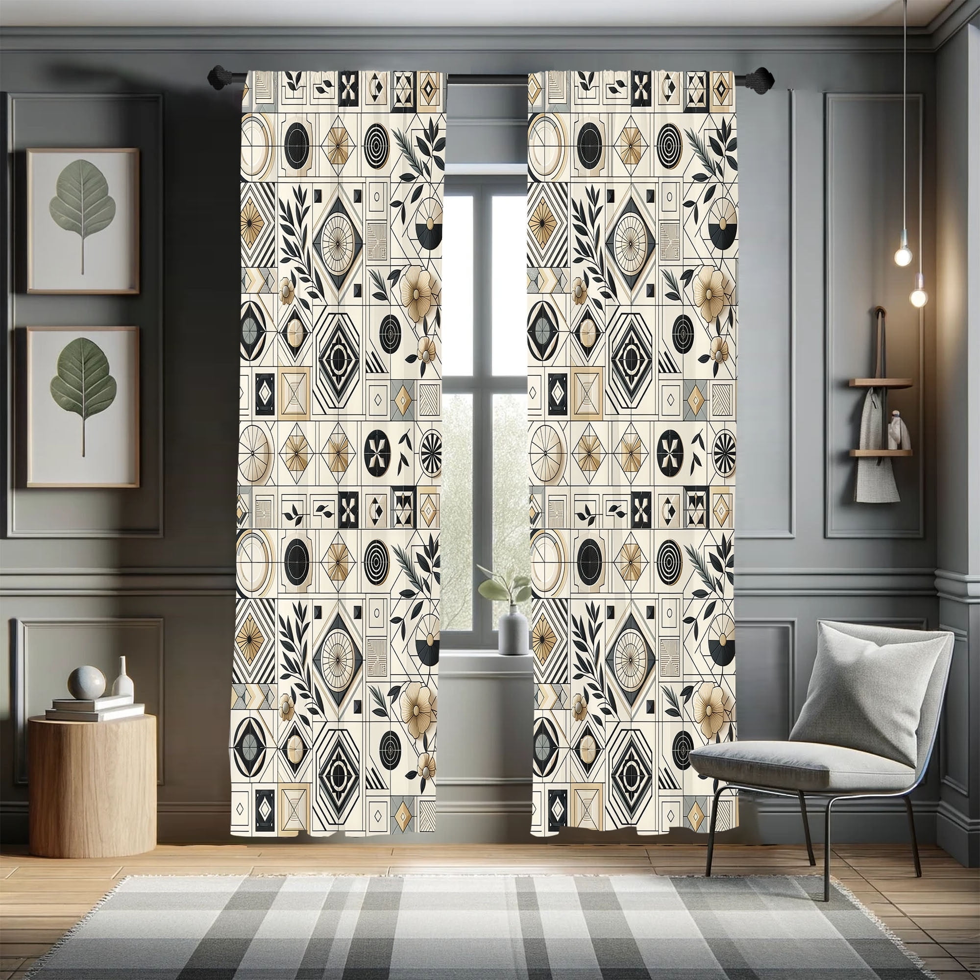 Ambesonne Abstract Curtains 2 Panel Set Geometric Modern Leaves Pair