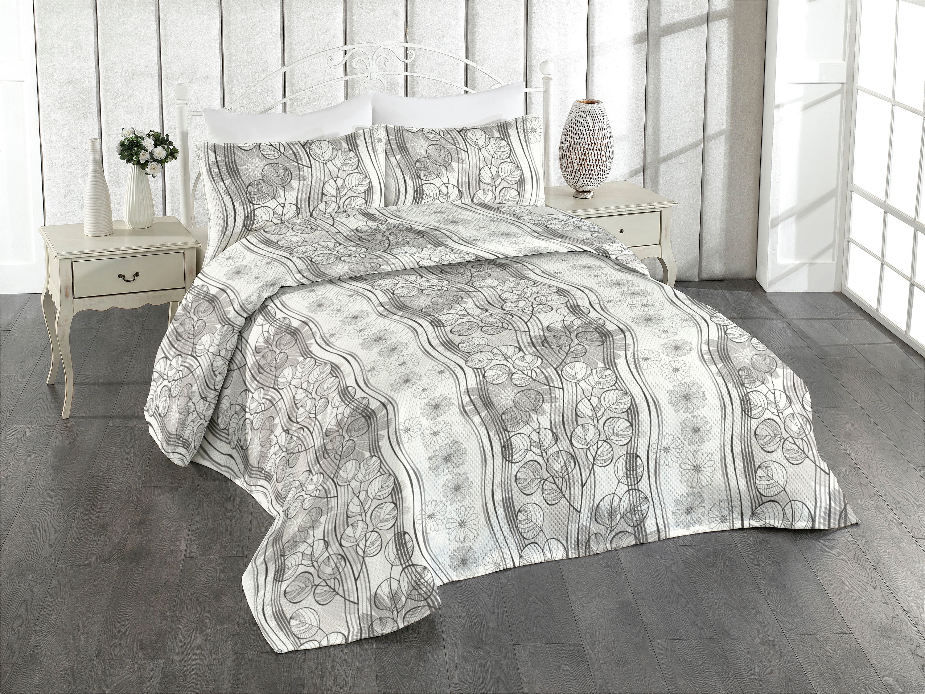 Ambesonne Abstract Floral Quilted Coverlet 3 Pcs, Leaves with Swirls ...