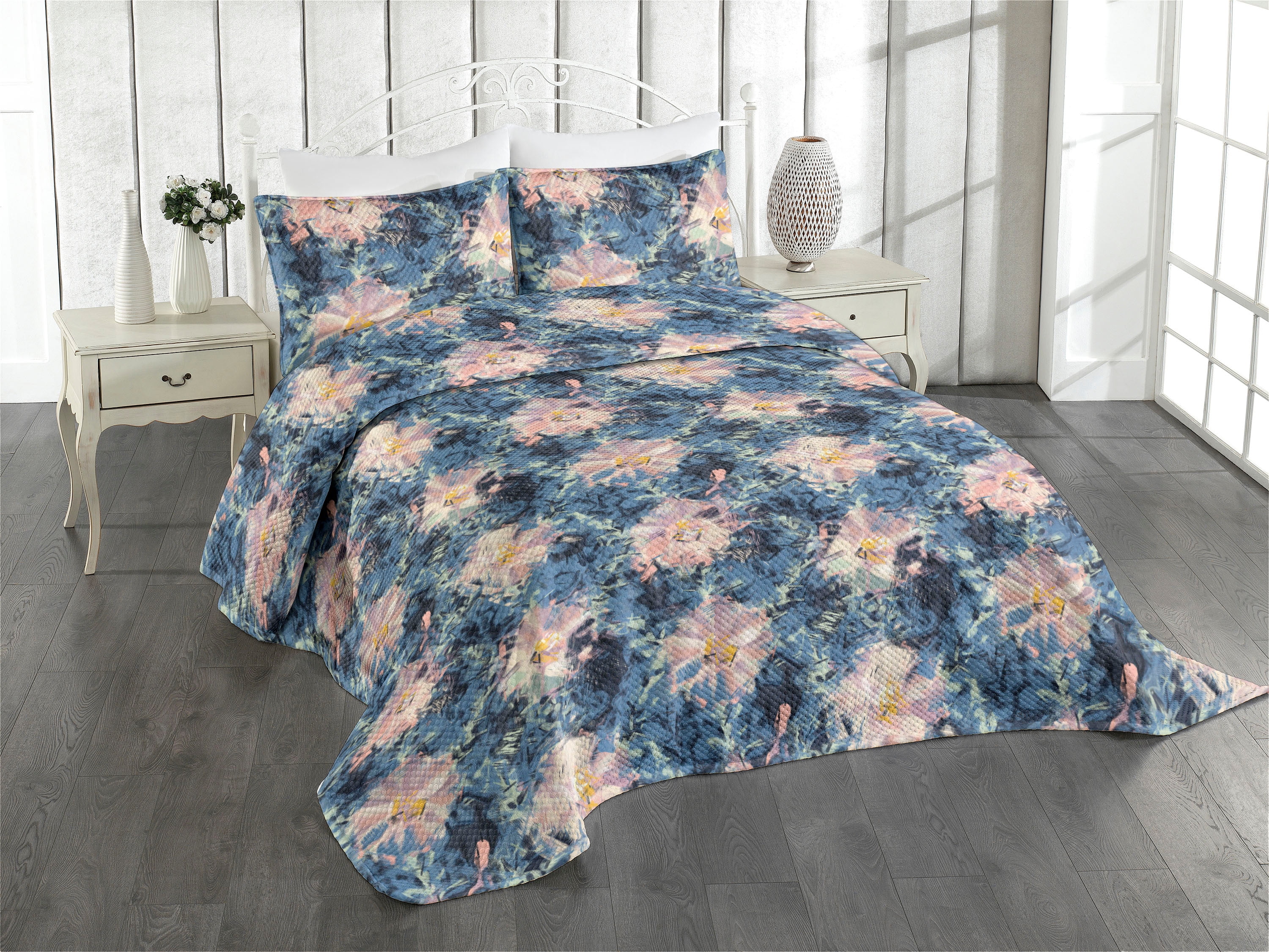 Ambesonne Abstract Floral Quilted Coverlet 3 Pcs, Spring Art Flowers ...