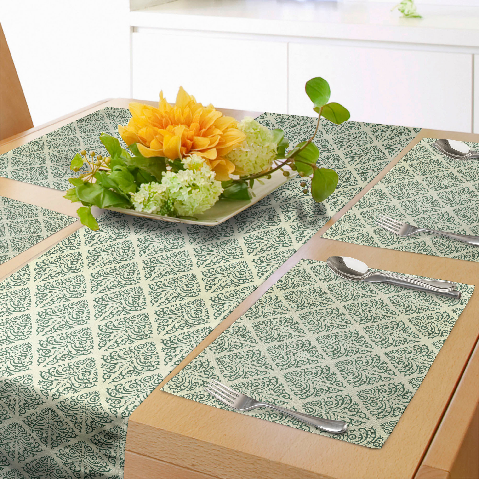 Ambesonne Abstract Green Table Runner & Placemats, Victorian Damask Art ...