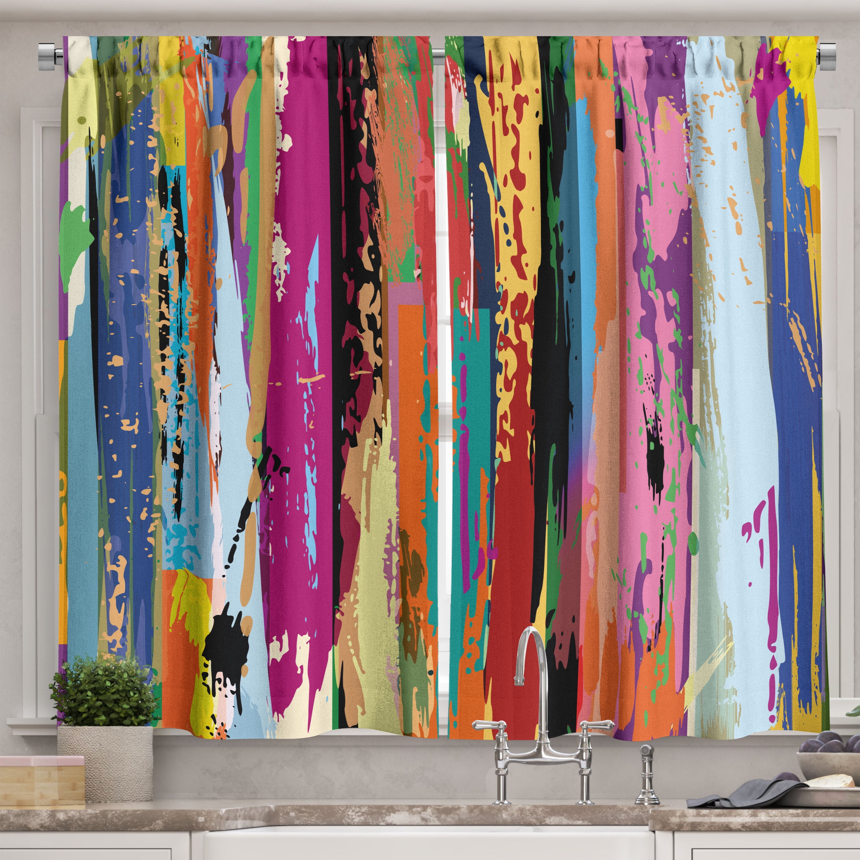 Ambesonne Colorful Abstract Kitchen Curtains, Vibrant Rainbow Design ...