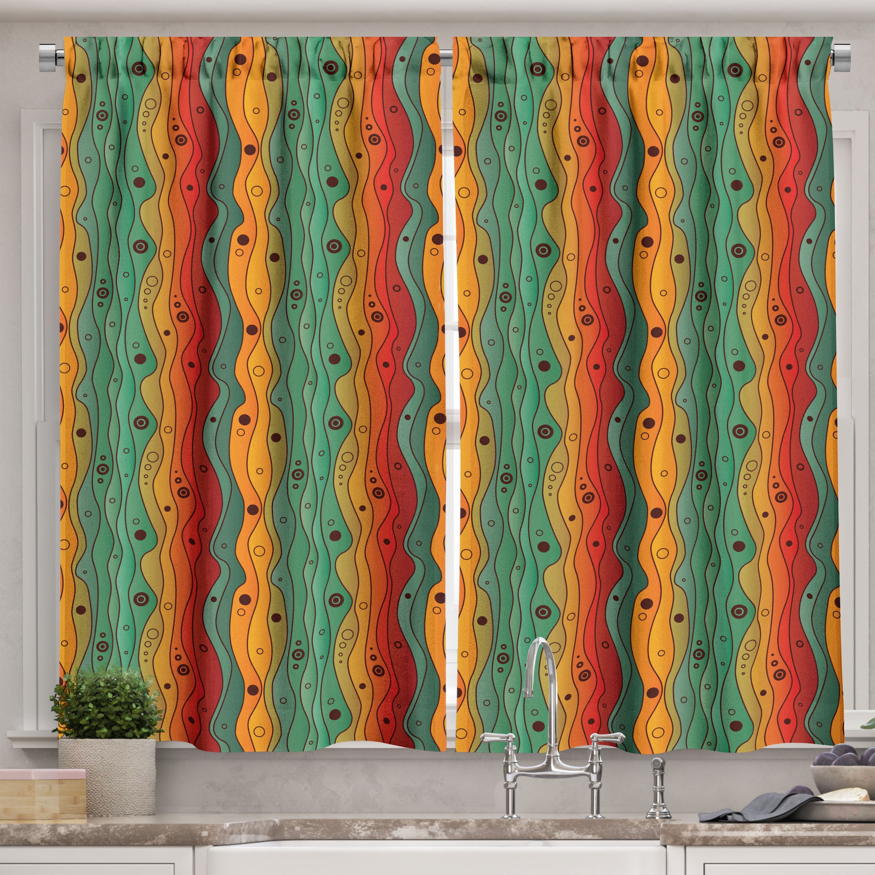 Ambesonne Abstract Kitchen Curtains, Wavy Vertical Lines Retro, 55"x39 ...