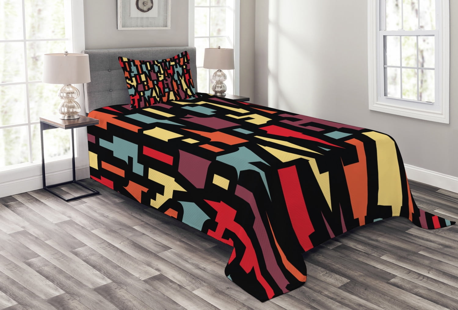 Ambesonne Abstract Quilted Bedspread Set 2 Pcs, Fractal Funky Forms ...