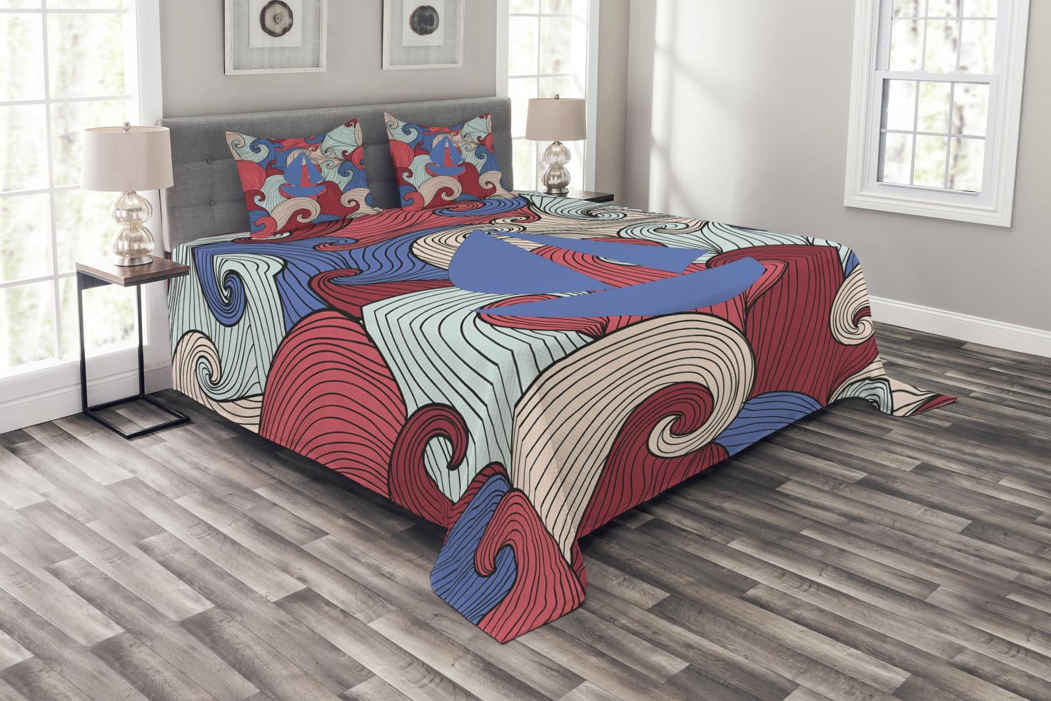 Ambesonne Abstract Quilted Bedspread Set 3 Pcs, Blue Boat Silhouette ...