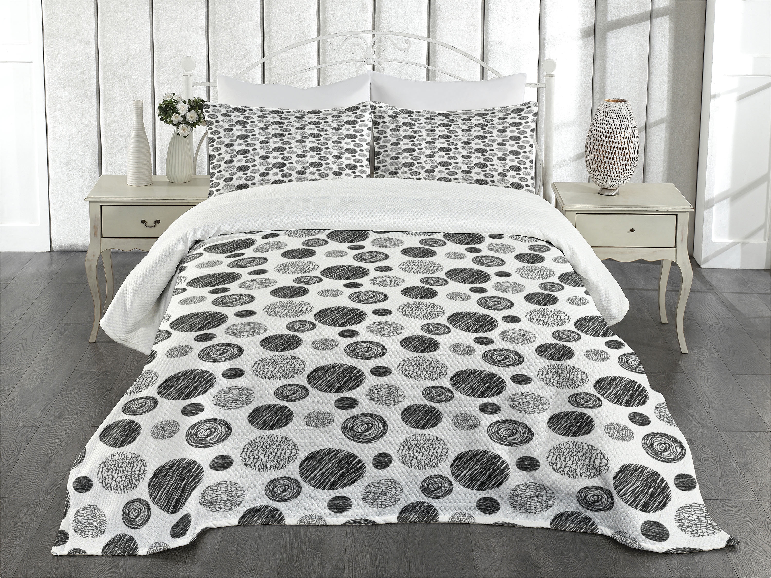 Ambesonne Abstract Quilted Bedspread Set 3 Pcs, Circular Doodles Dots ...