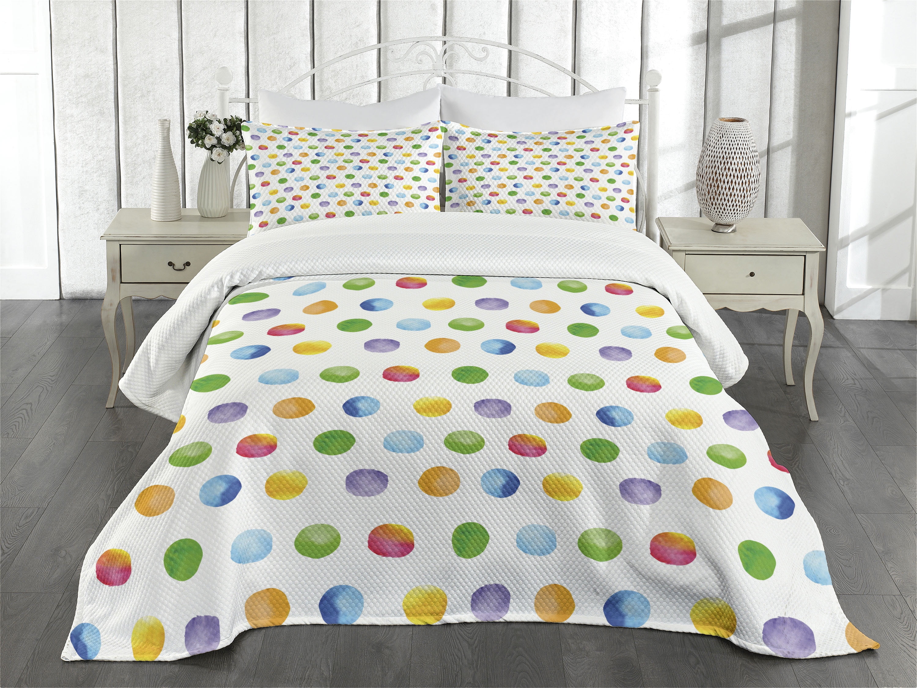 Ambesonne Abstract Quilted Bedspread Set 3 Pcs, Colored Big Polka Dots ...