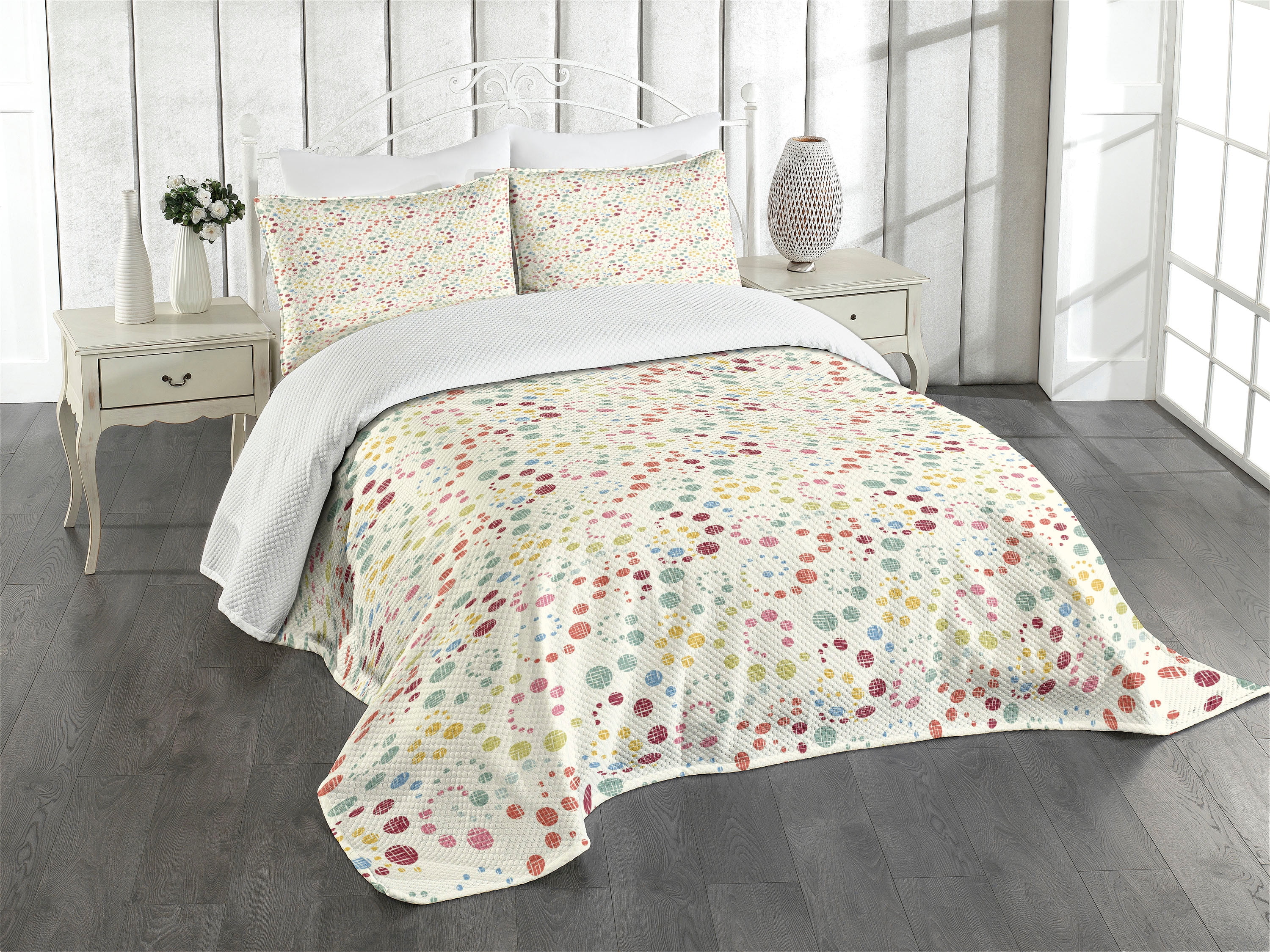 Ambesonne Abstract Quilted Bedspread Set 3 Pcs, Dot Swirls Retro Look ...