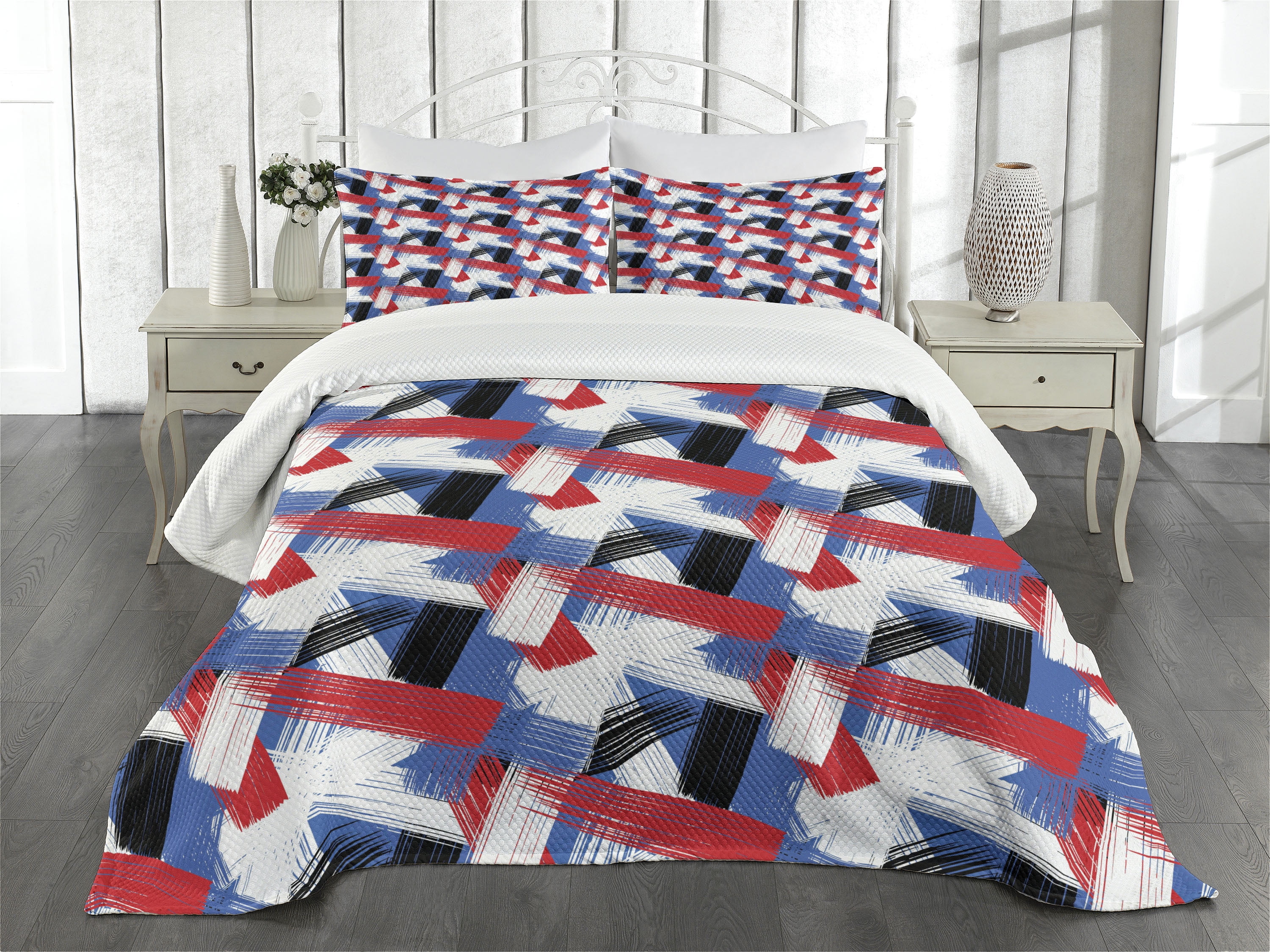 Ambesonne Abstract Quilted Bedspread Set 3 Pcs, Geometric Grunge Motif ...
