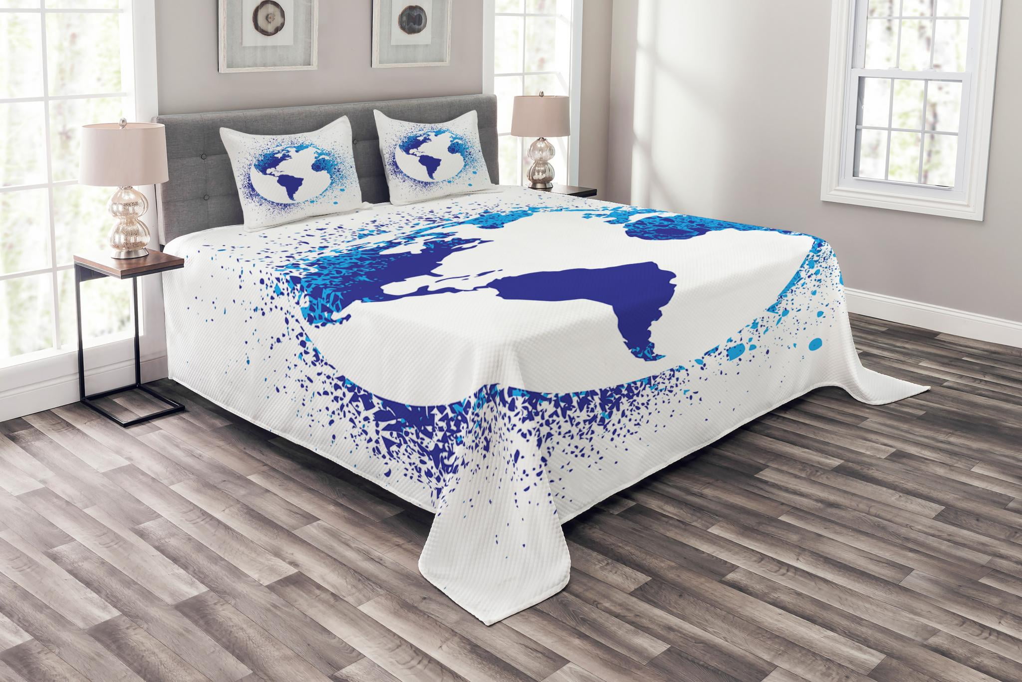 Ambesonne Abstract Quilted Bedspread Set 3 Pcs, Globe Ink Effect Map ...