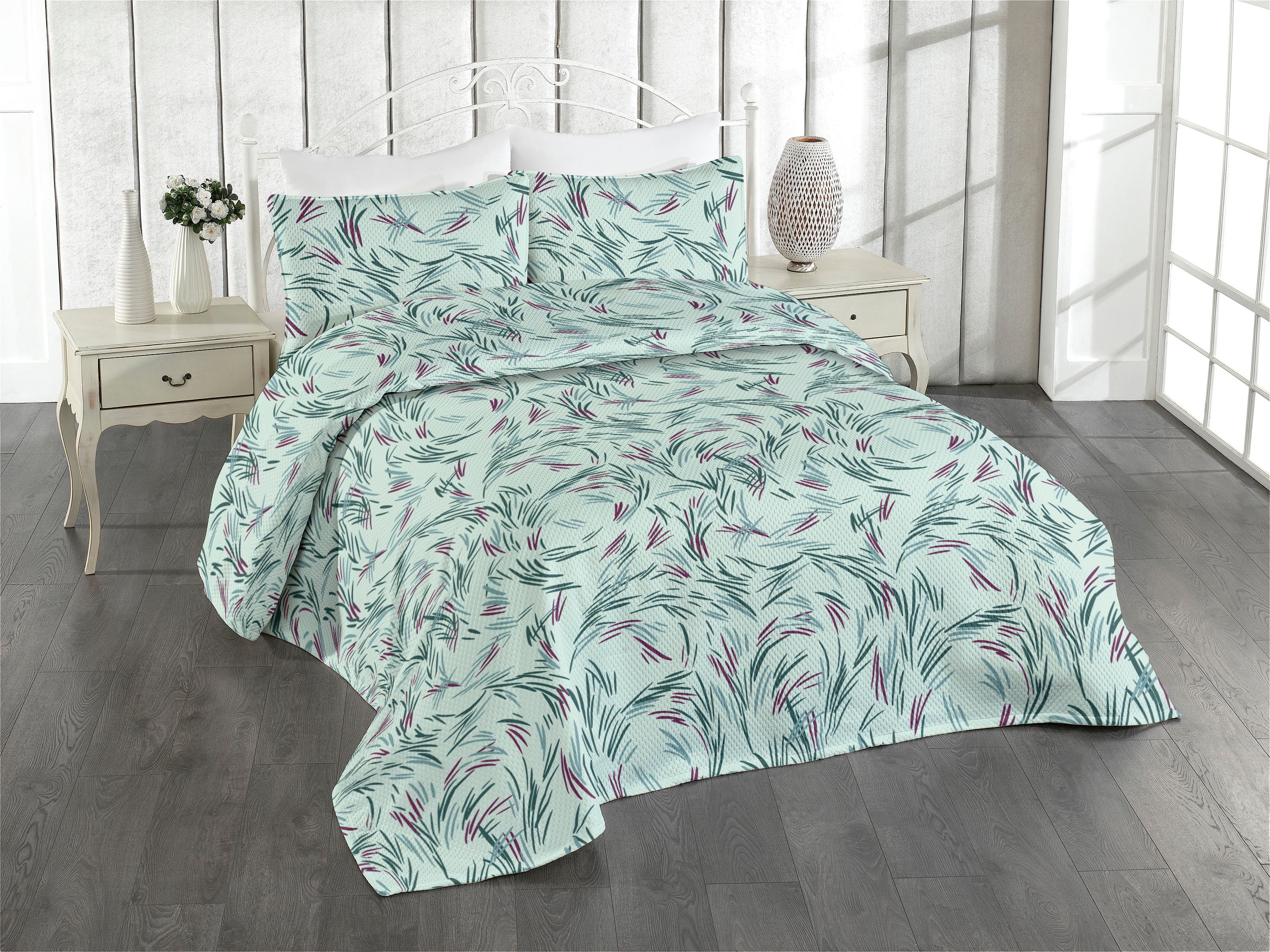 Ambesonne Abstract Quilted Bedspread Set 3 Pcs, Minimal Swirly Dash ...
