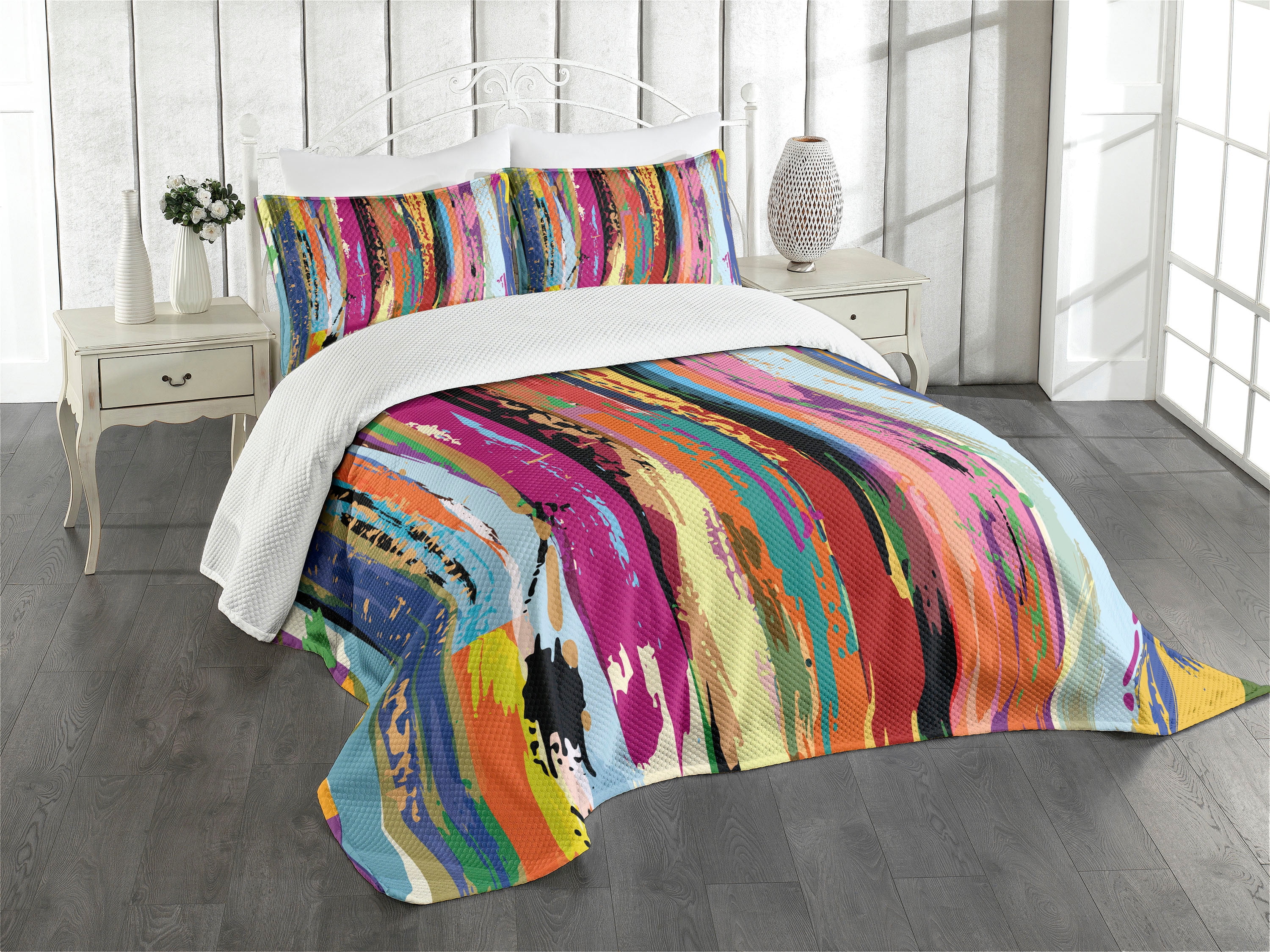 Ambesonne Abstract Quilted Bedspread Set 3 Pcs, Vibrant Rainbow Design ...