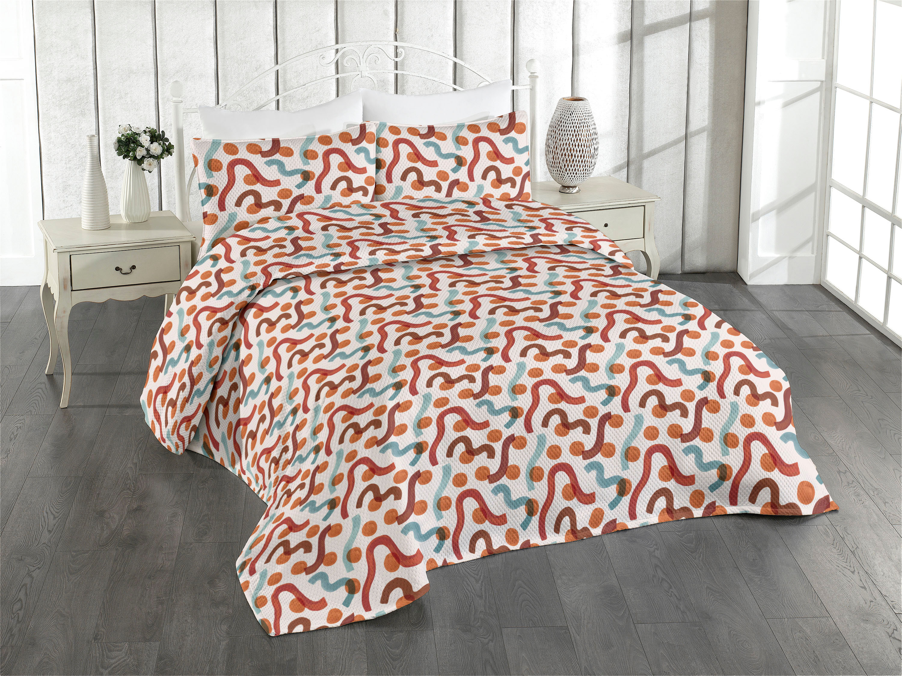 Ambesonne Abstract Quilted Bedspread Set 3 Pcs, Wavy Stripes Circles ...