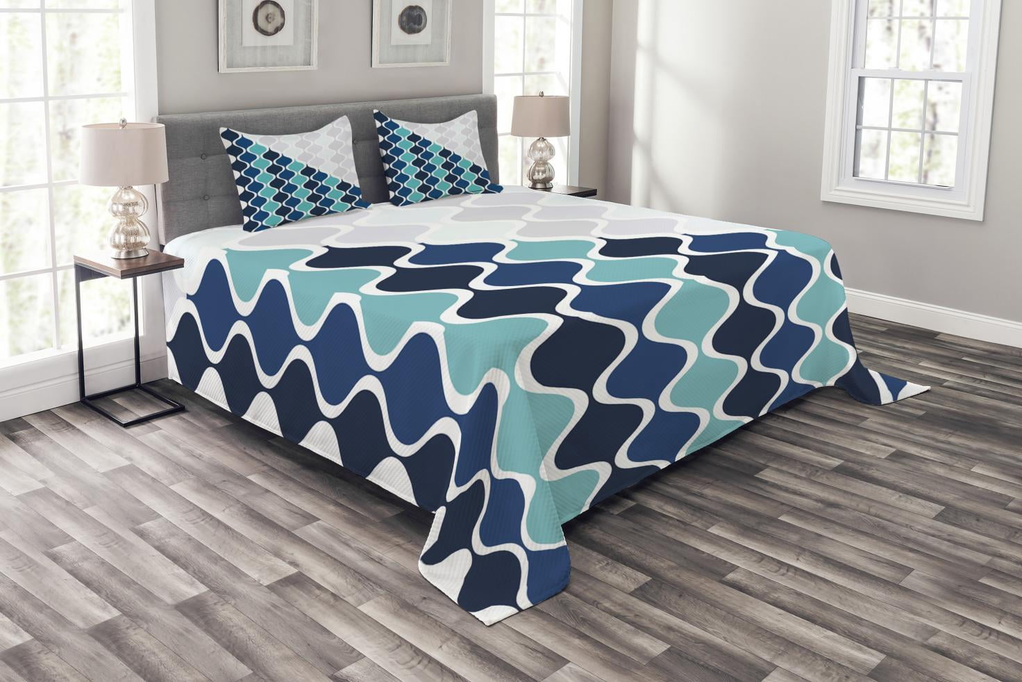 Ambesonne Abstract Quilted Bedspread Set 3 Pcs, Wavy Stripes Spirals ...