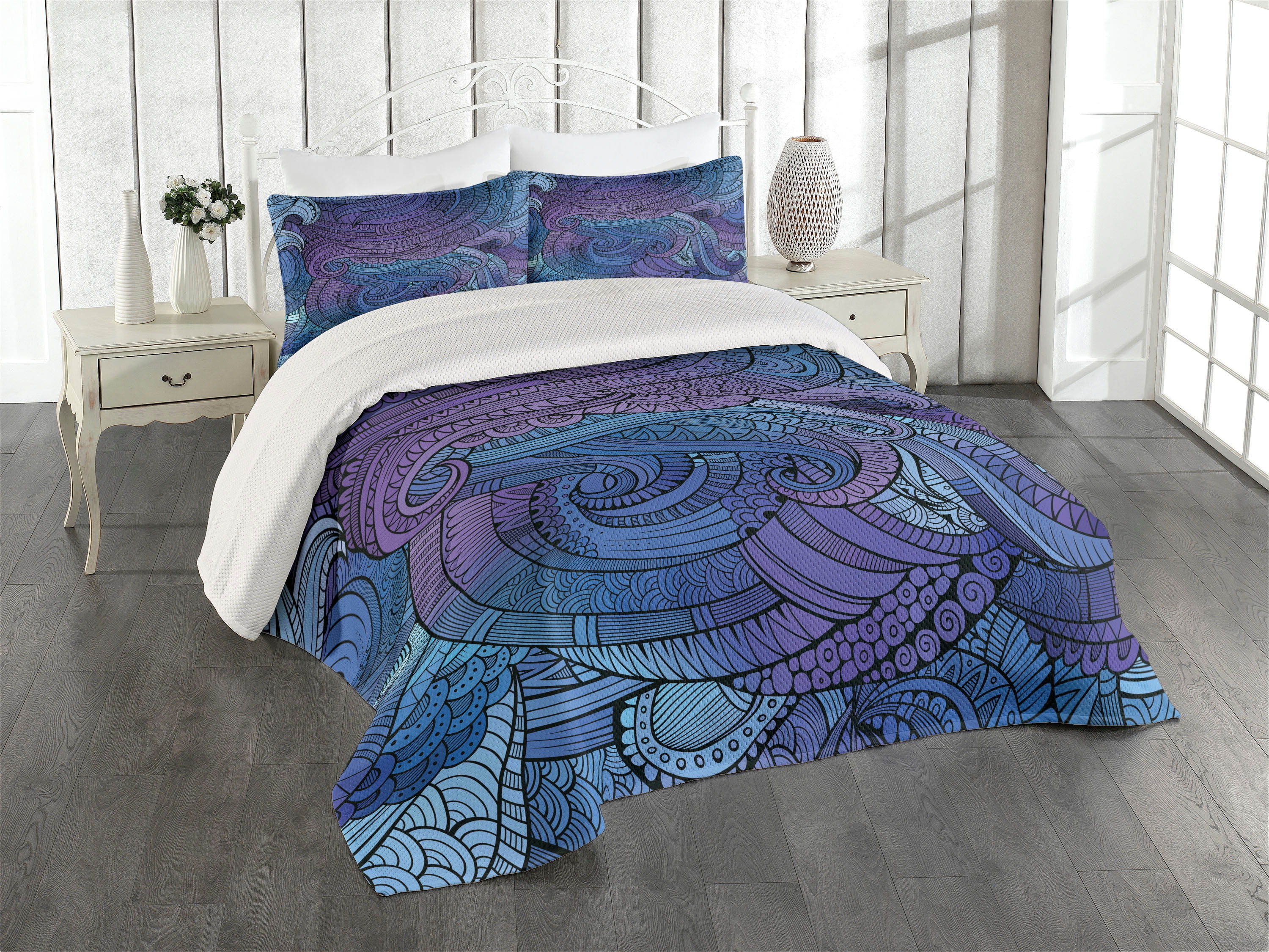 Ambesonne Abstract Quilted Coverlet 3 Pcs, Ocean Inspired Paisley, King ...